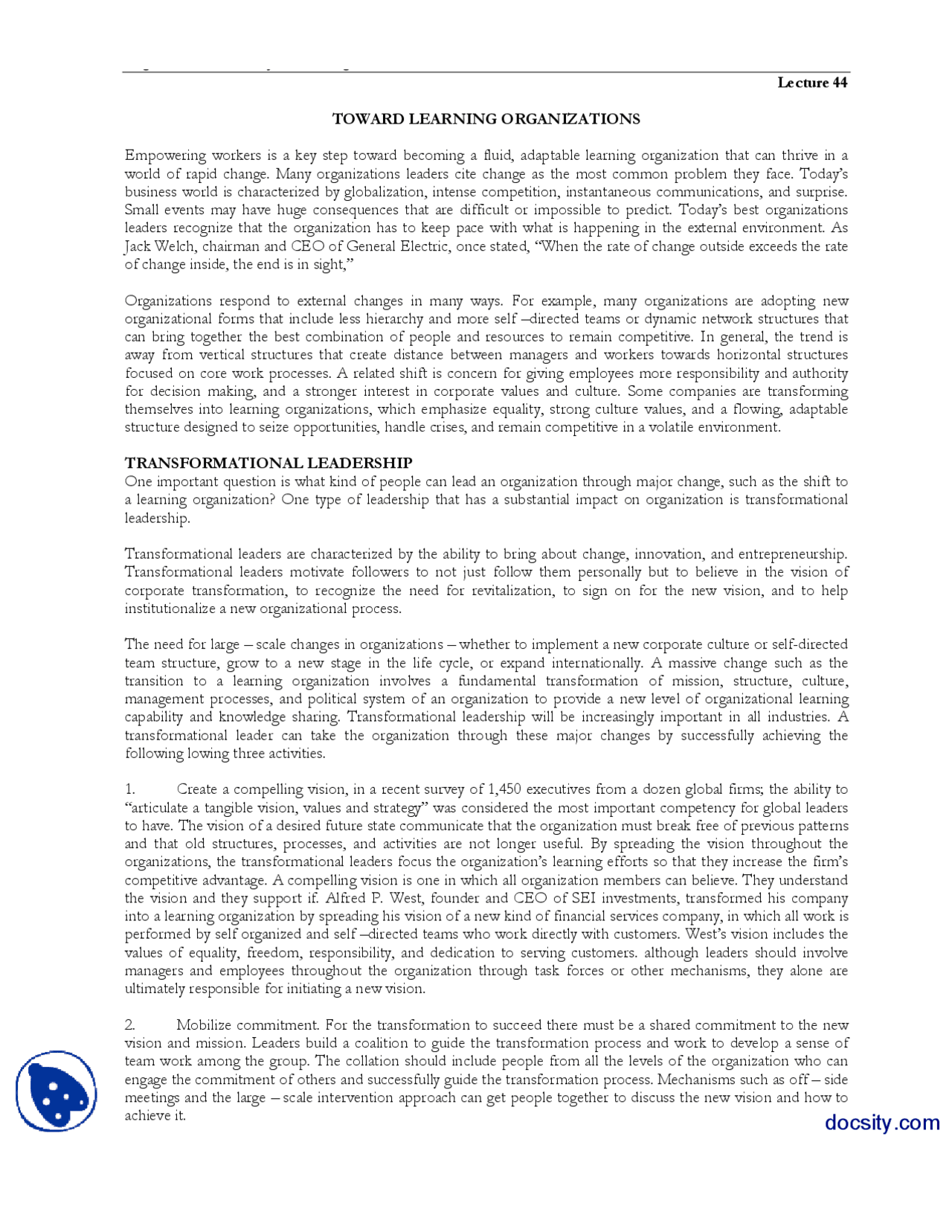 Toward Learning Organizations Organization Theory And Design Handouts