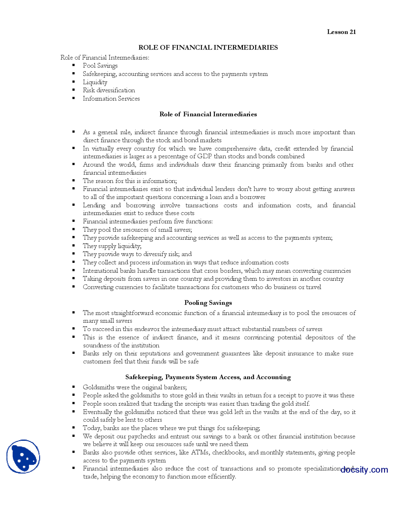 Role Of Financial Intermediaries Money And Banking Handouts Docsity