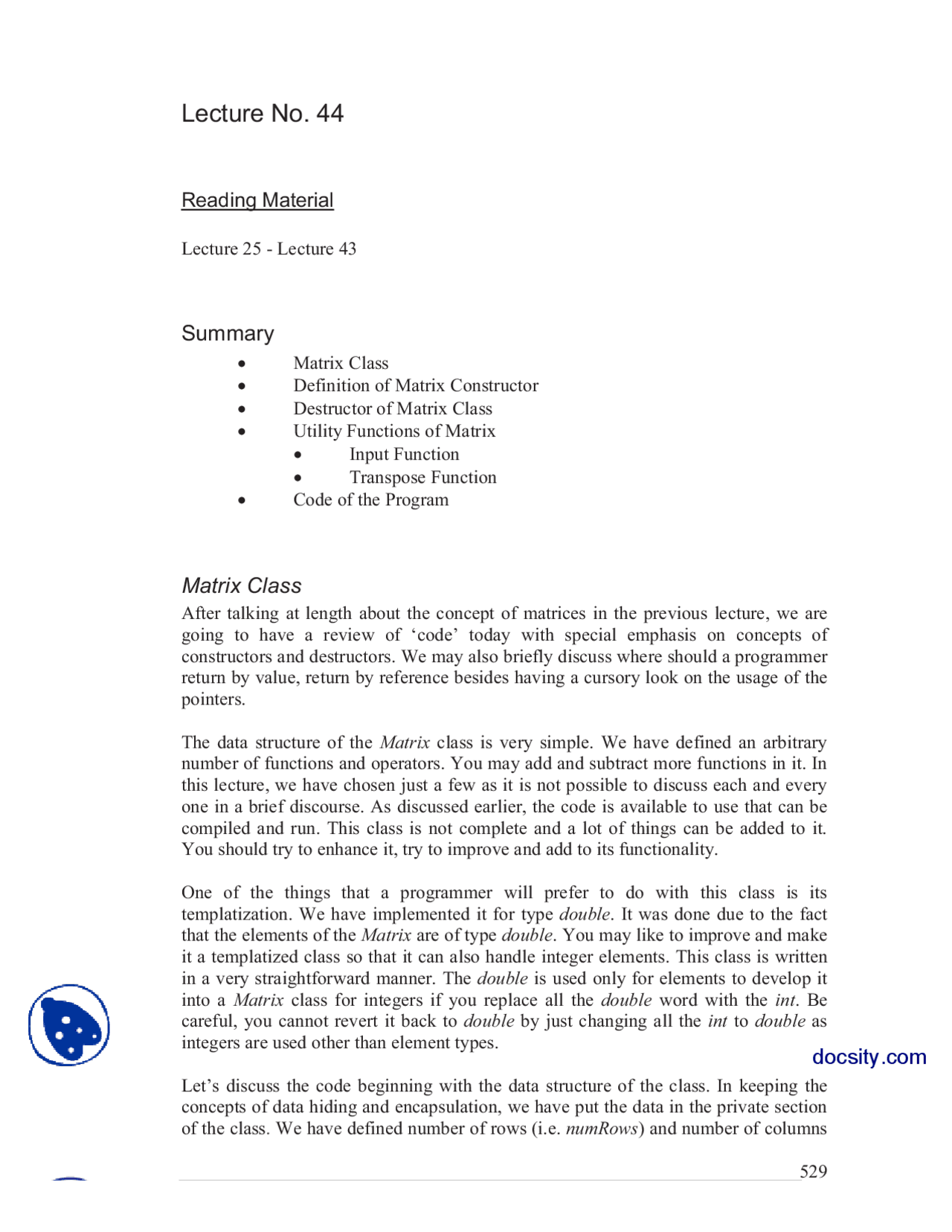 Matrix Class Introduction To Programming Lecture Notes Apuntes Programación De Ordenadores