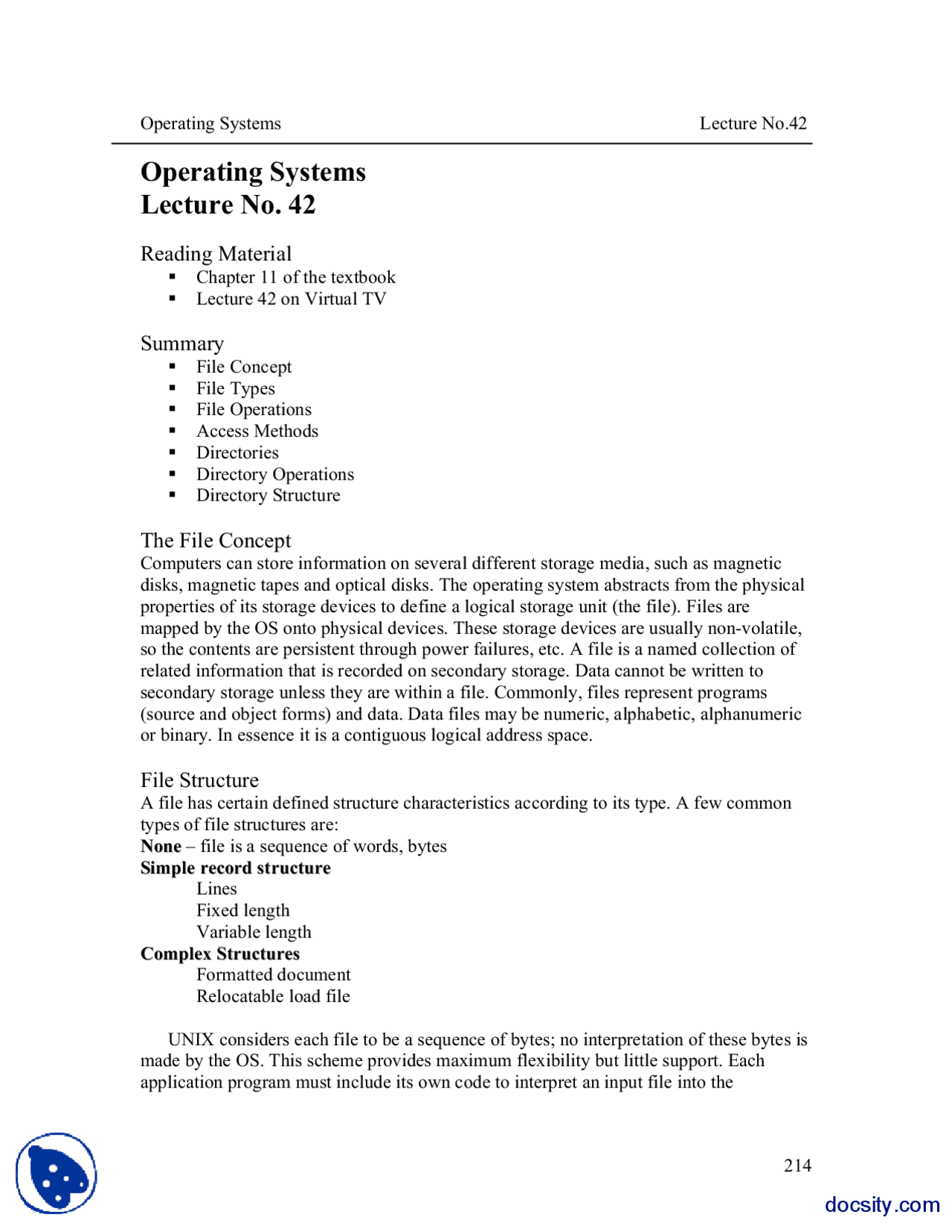 The File Concept Operating Systems Lecture Notes Docsity