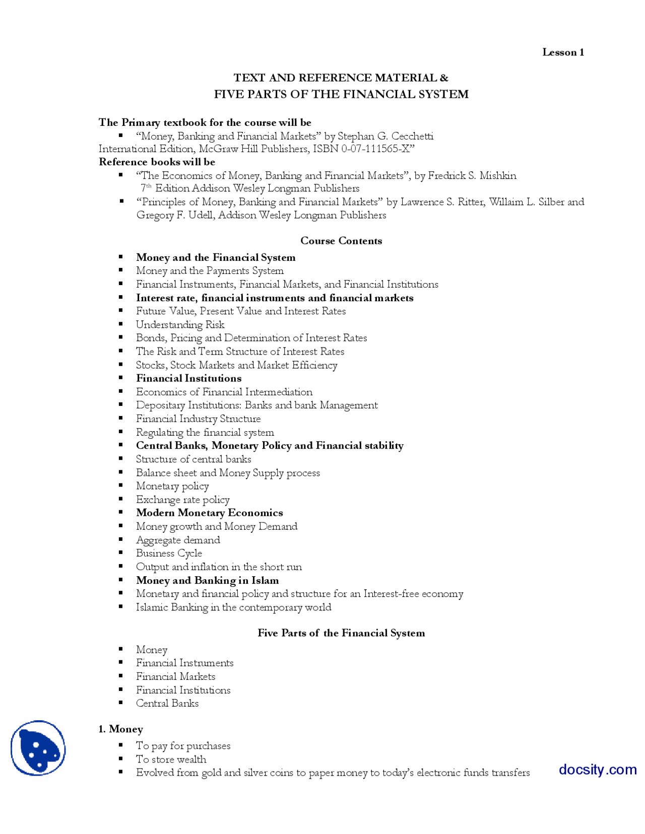 Text And Reference Material And Five Parts Of The Financial System
