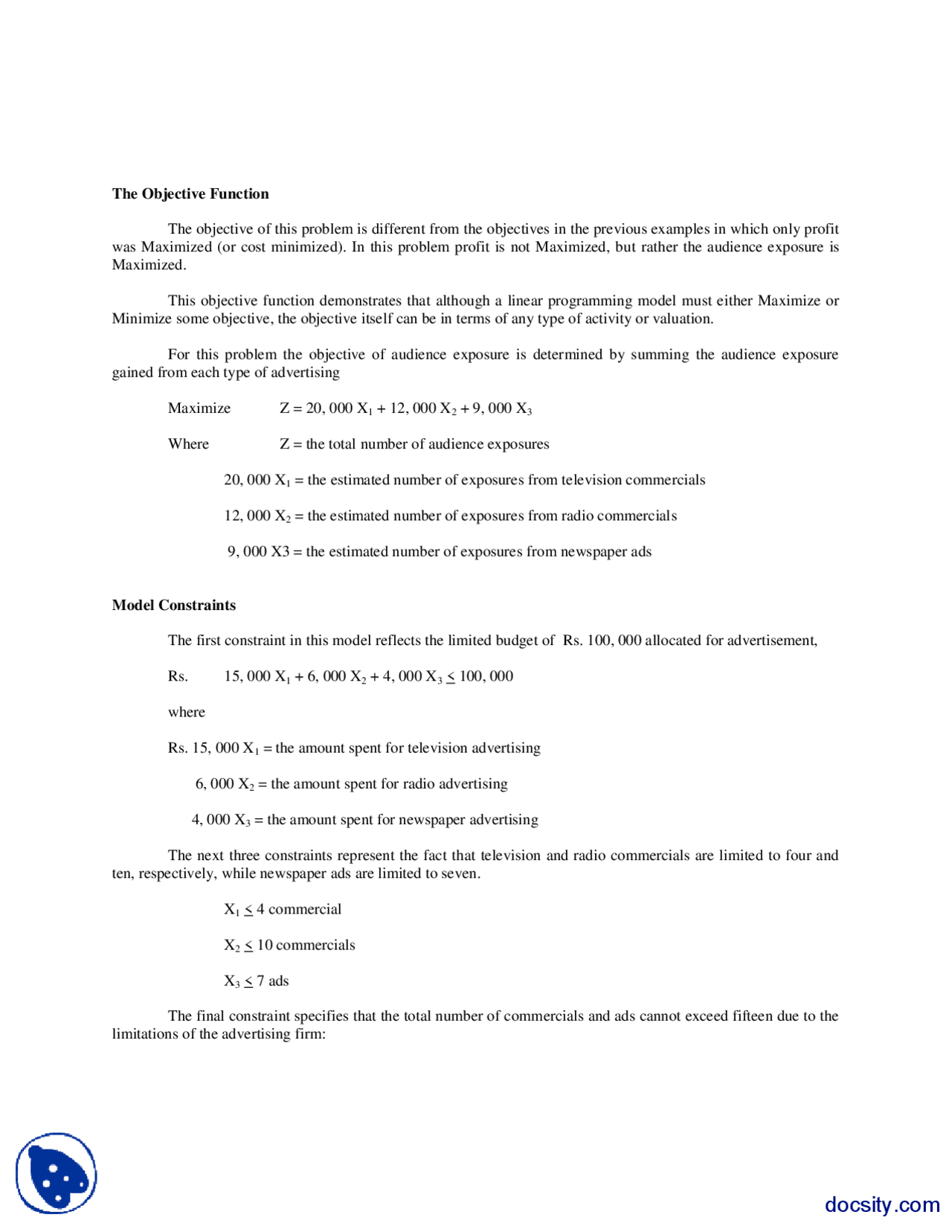 The Objective Function Operation Research Handouts Docsity