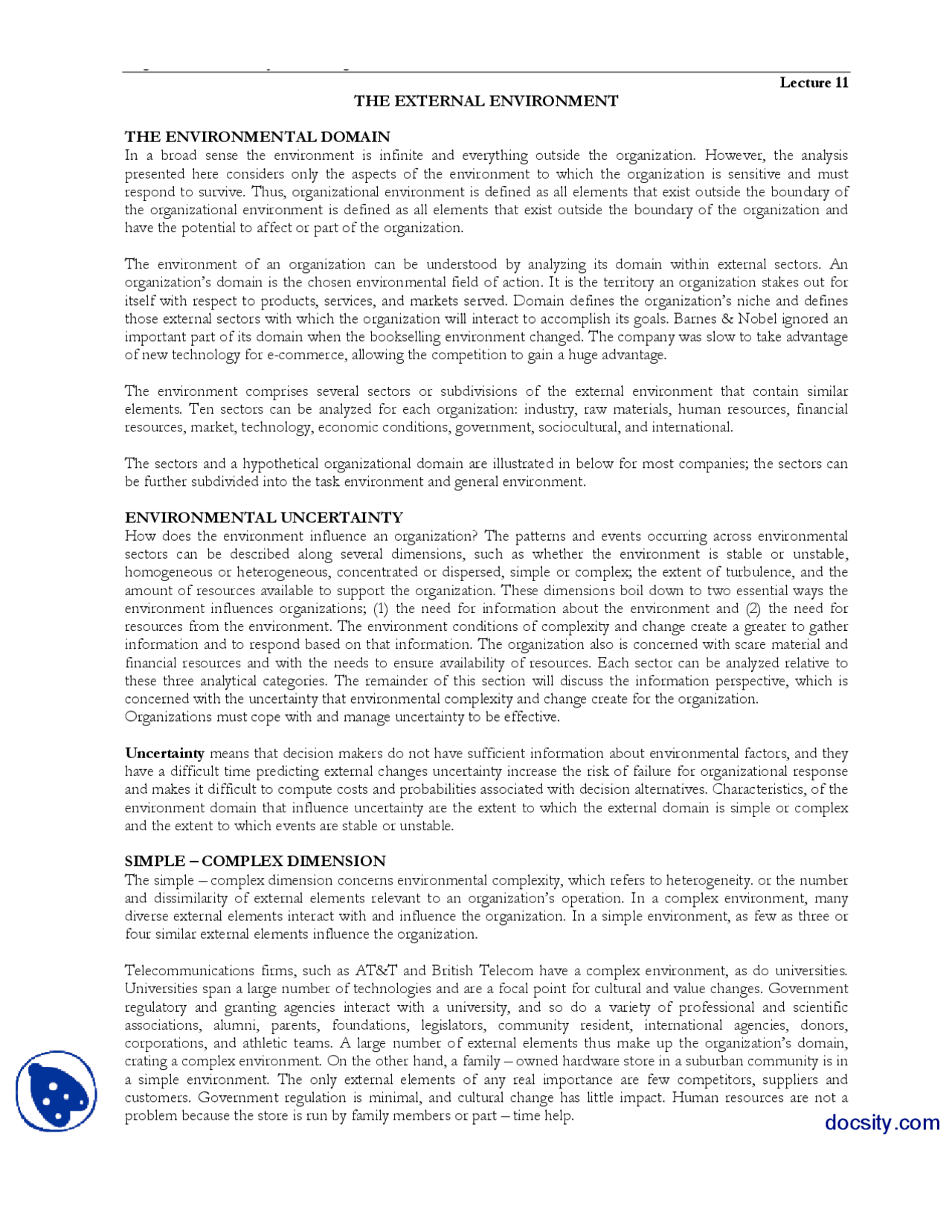 The External Environment Organization Theory And Design Handouts Docsity