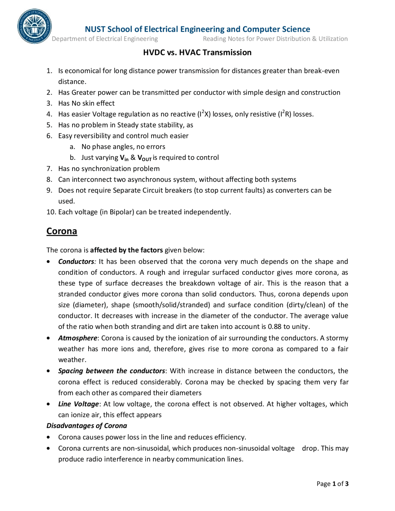 Hvdc Vs Hvac Transmission Power Distribution Handout Exercises Power