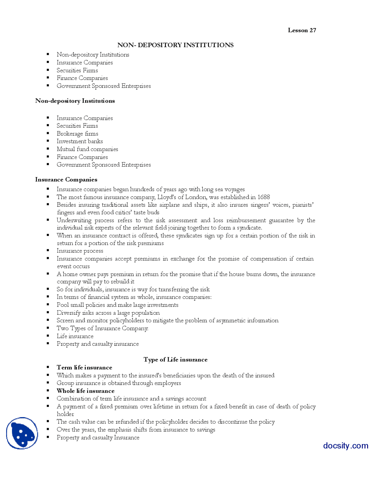 Non Depository Institutions Money And Banking Handouts Docsity
