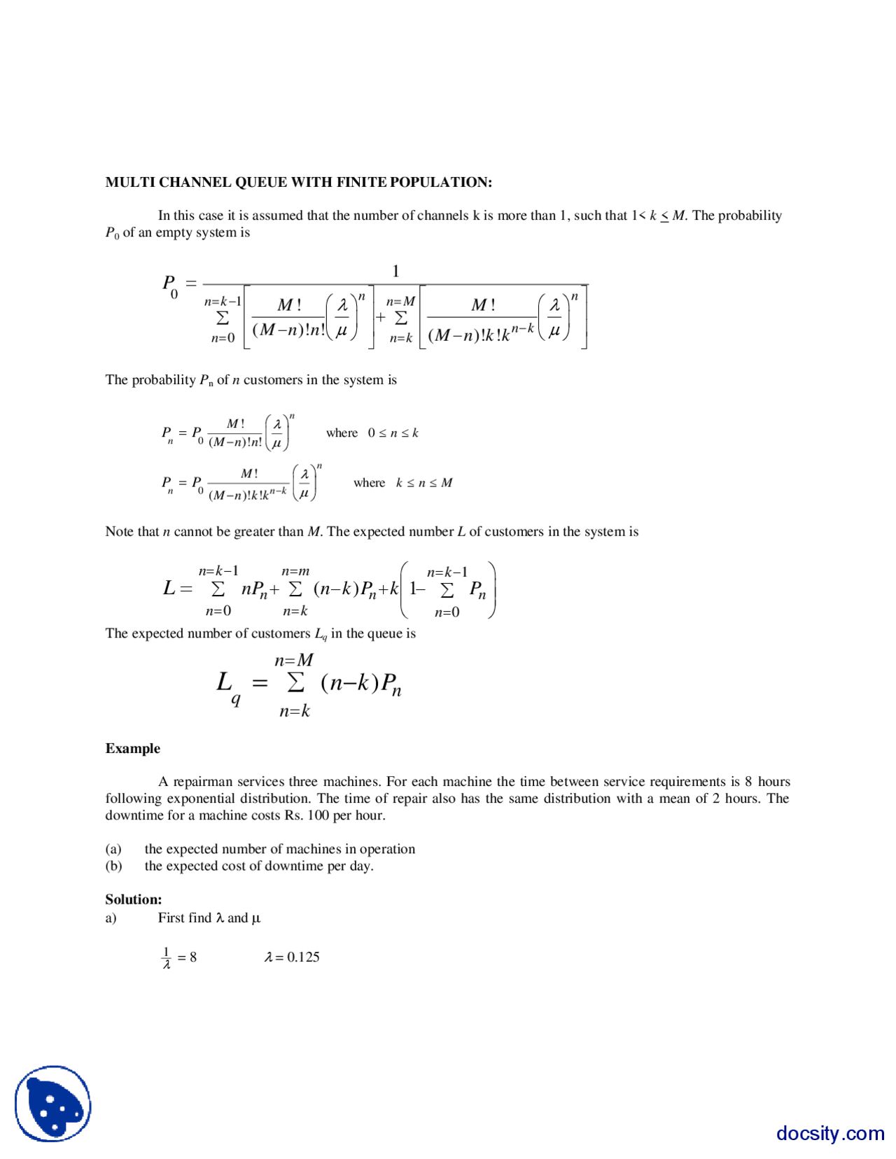 Multi Channel Queue With Finite Population-Operation Research-Handouts - Docsity