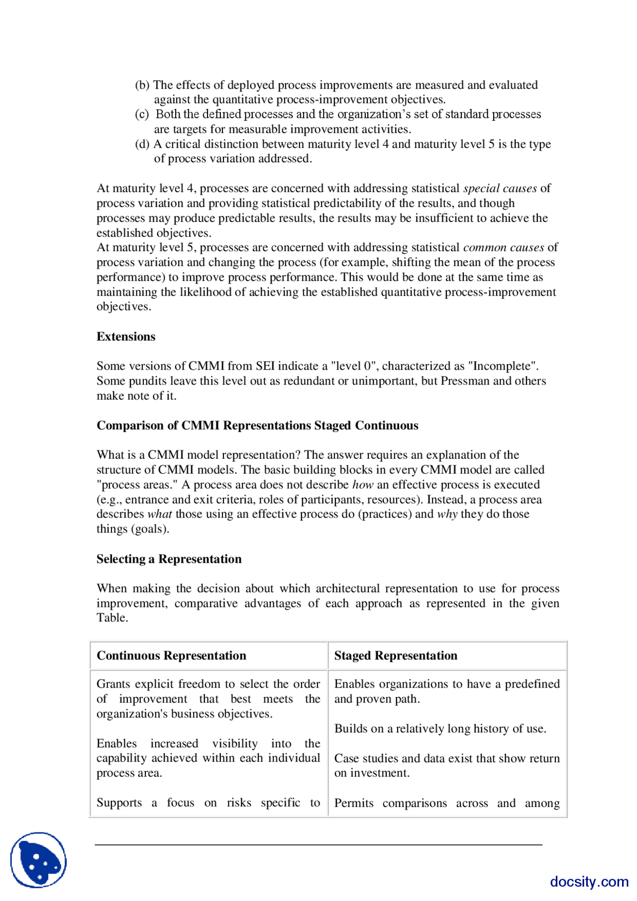 Comparison of CMMI Representations Staged Continuous - Docsity
