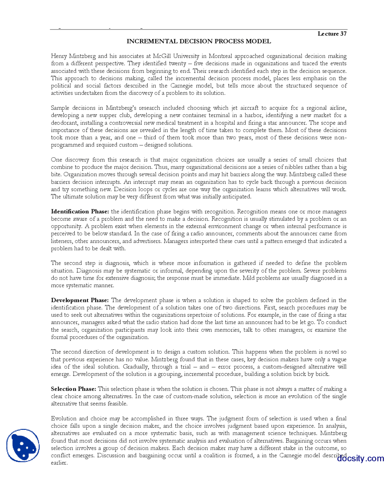 Incremental Decision Process Model-Organization Theory and Design ...