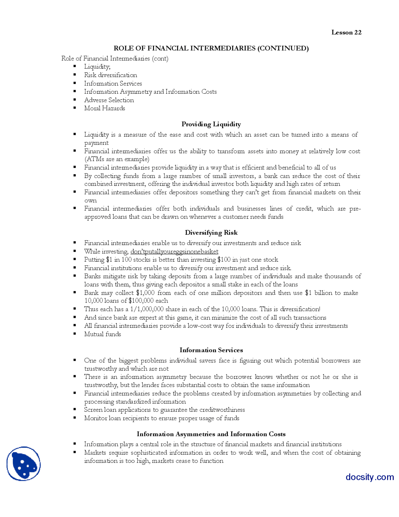 Role Of Financial Intermediaries Continued Money And Banking Handouts