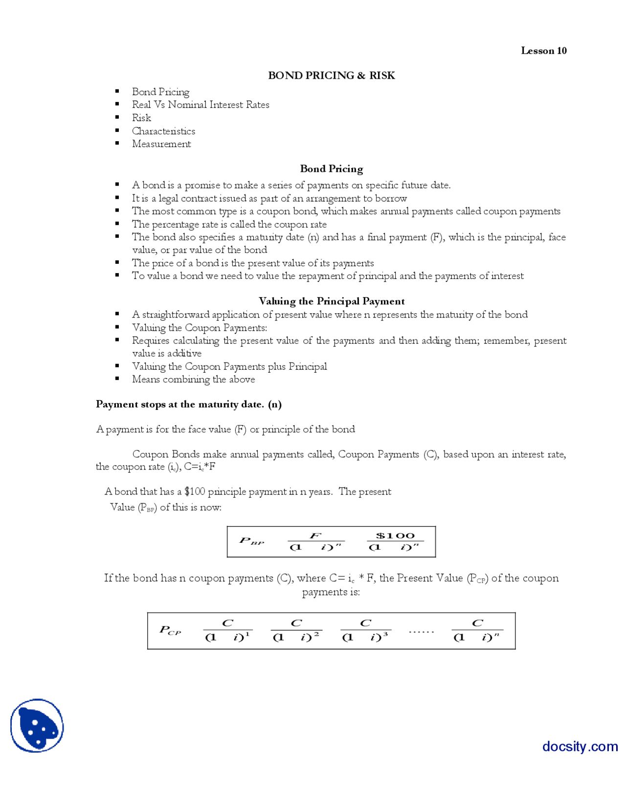 Bond Pricing And Risk Money And Banking Handouts Docsity