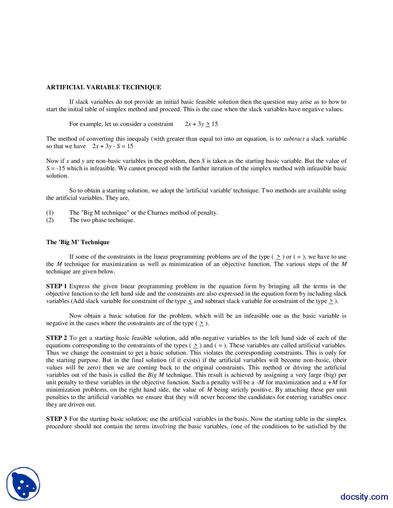 Artificial Variable Technique Operation Research Handouts Docsity