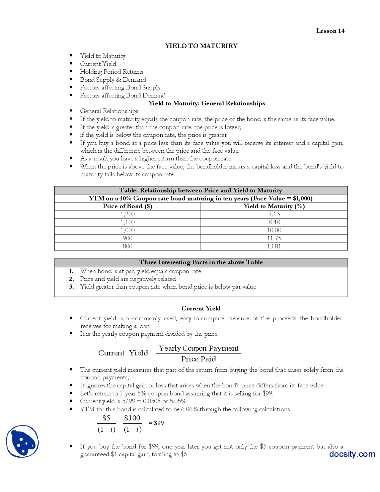 Yield To Maturiry Money And Banking Handouts Lecture Notes Banking