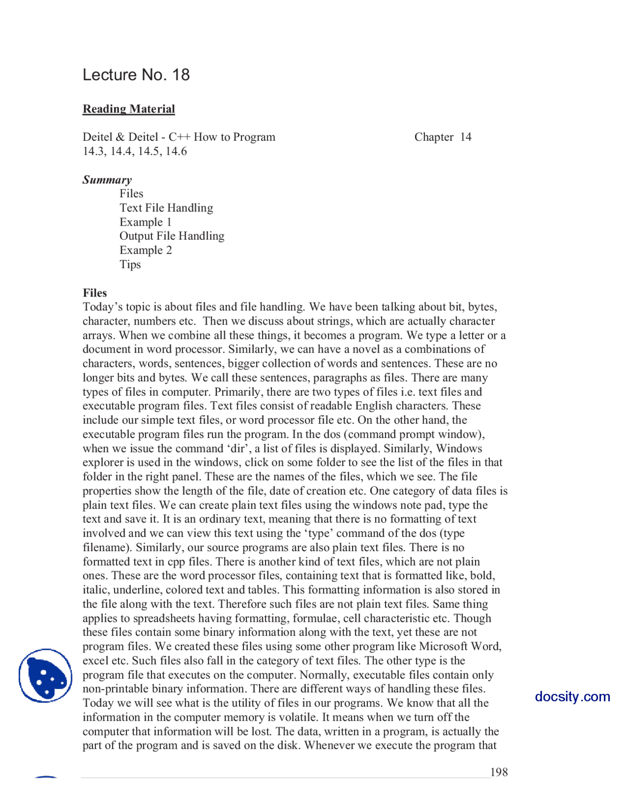 Text File Handling Introduction To Programming Lecture Notes Docsity