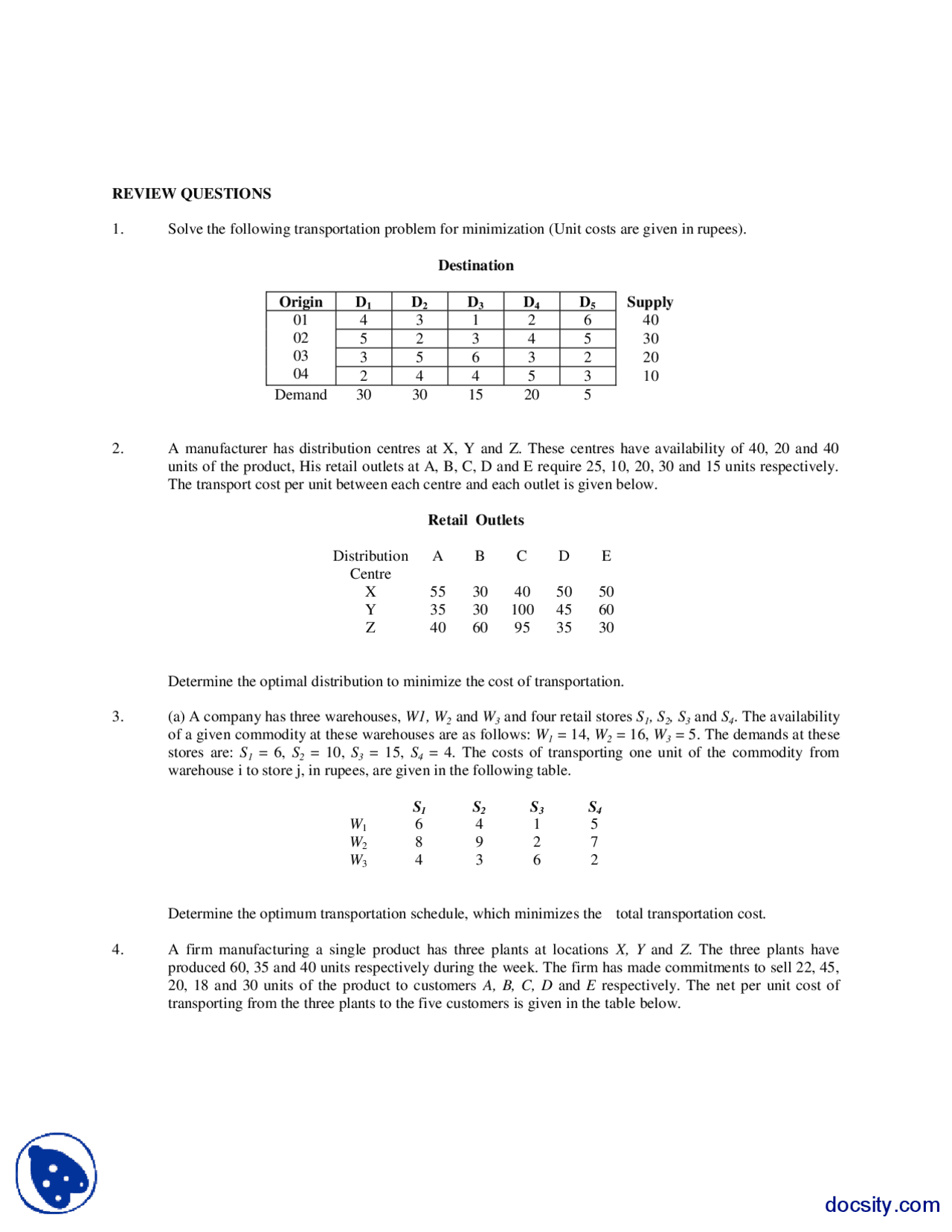 Review Questions 5 Operation Research Handouts Docsity