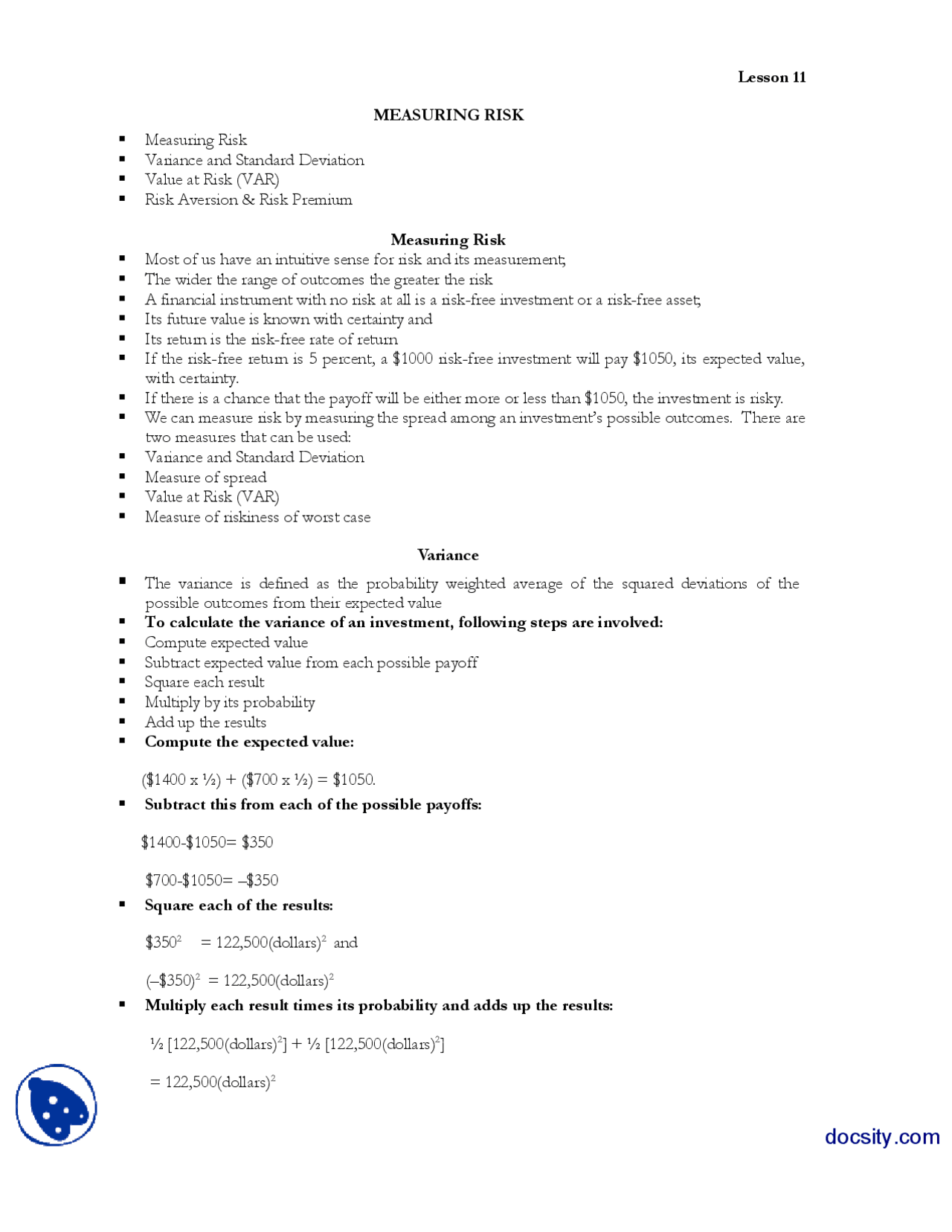 Measuring Risk Money And Banking Handouts Docsity