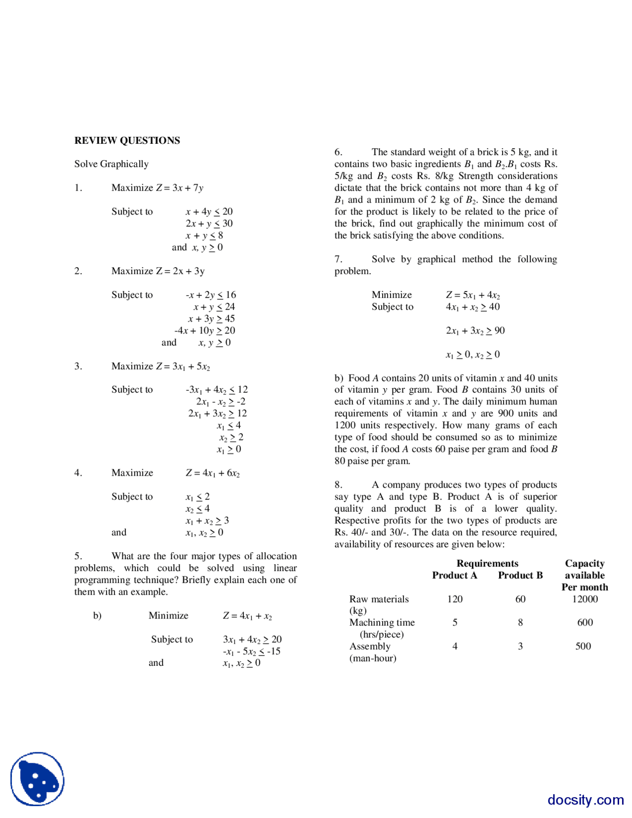 Review Questions 2 Operation Research Handouts Docsity