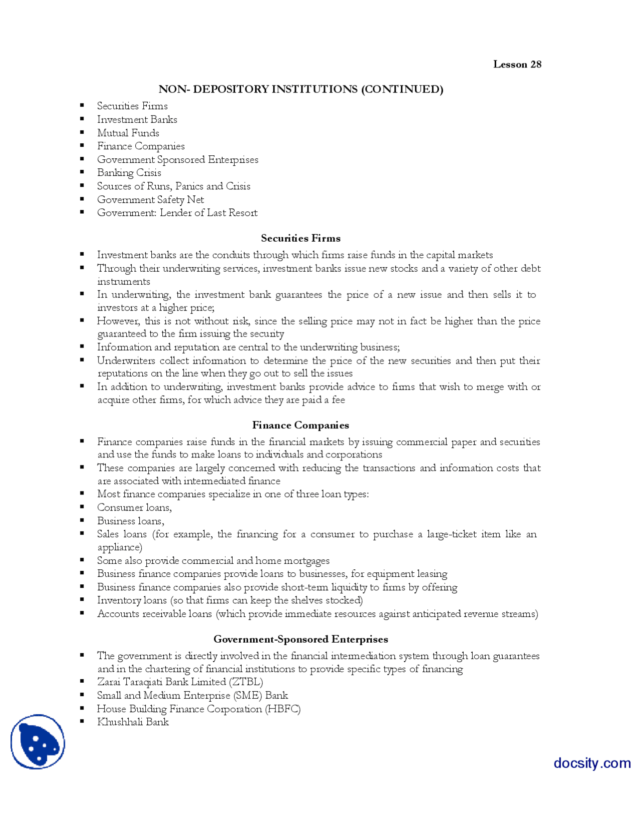 Non Depository Institutions Continued Money And Banking Handouts Docsity