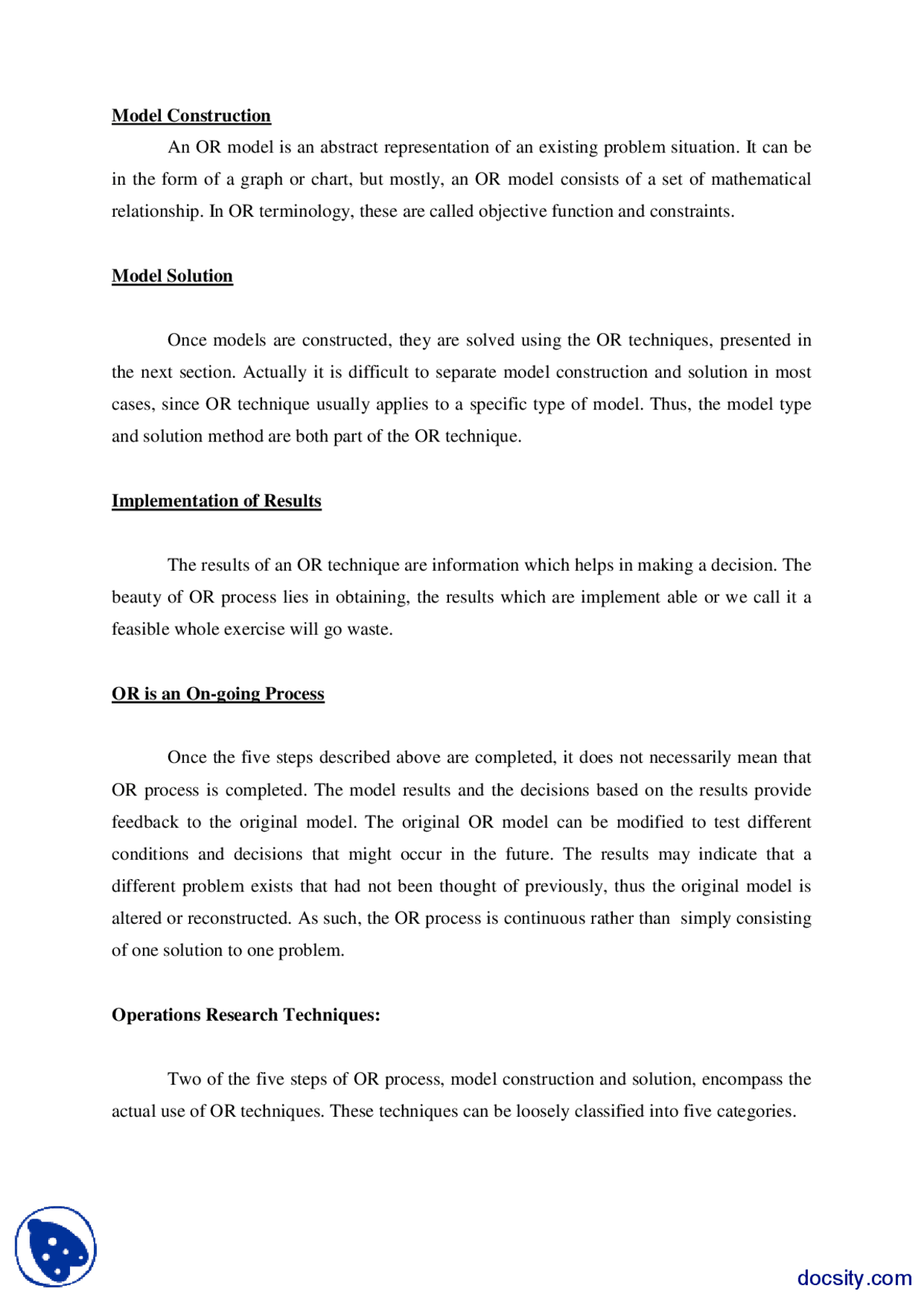 Model Construction Operation Research Handouts Docsity