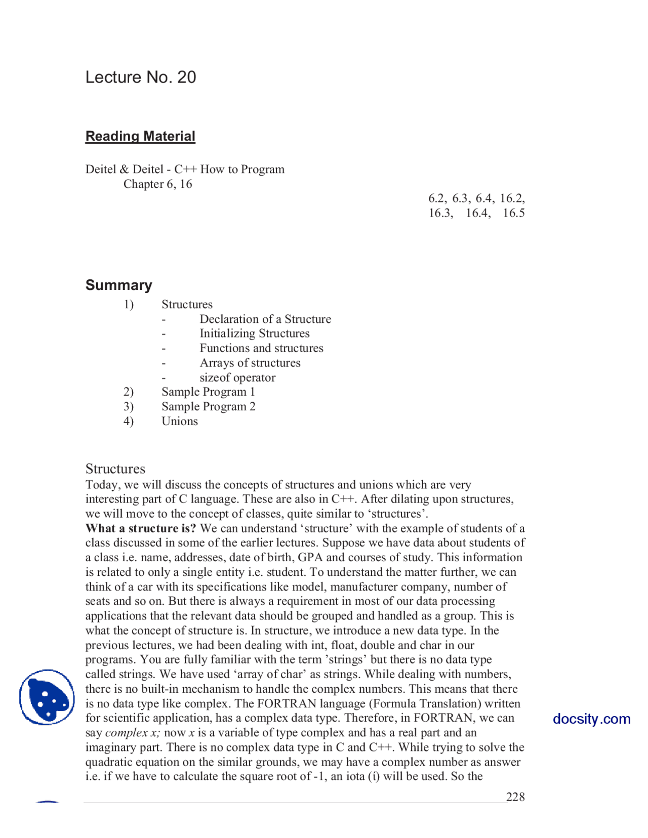 Structures Introduction To Programming Lecture Notes Docsity