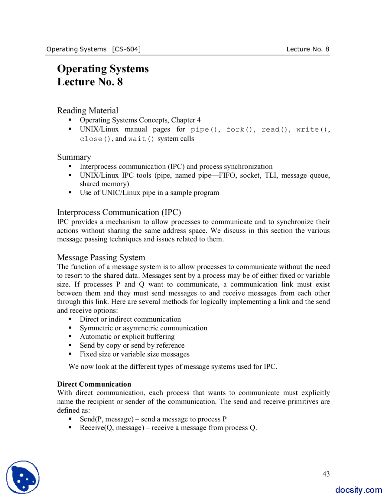 Interprocess Communication Operating Systems Lecture Notes Docsity