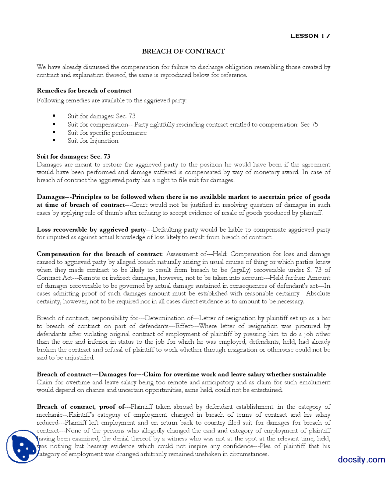 Breach Of Contract Business And Labour Law Lecture Handout Exercises