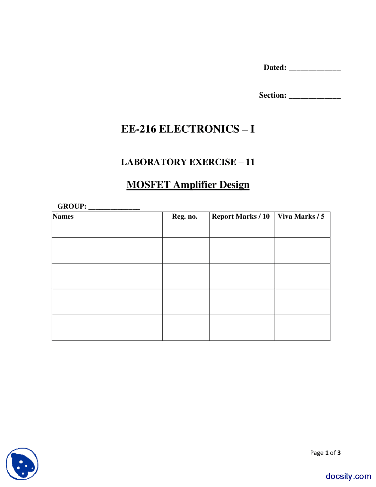 MOSFET Amplifier Design-Basic Electronics-Lab Assignment | Exercises Electronics | Docsity