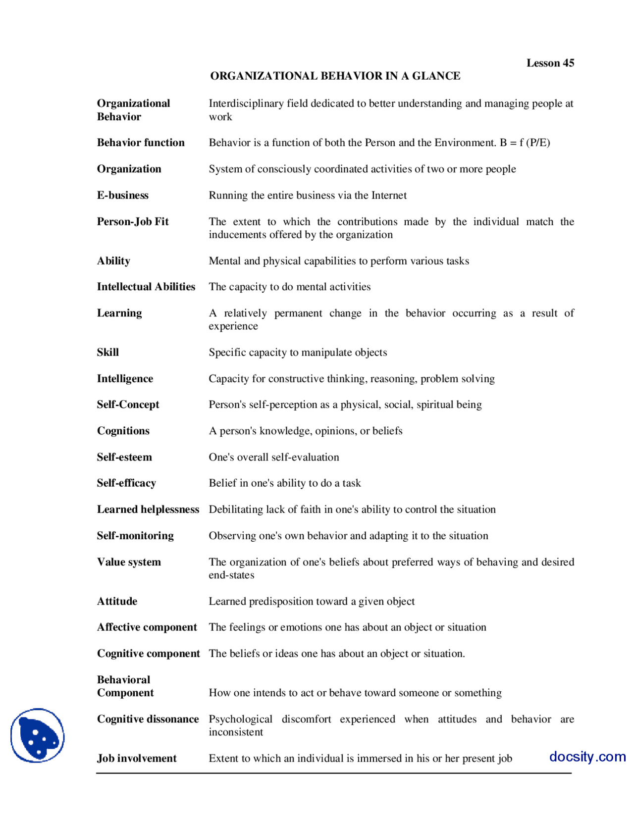 In A Glance Organizational Behaviour Lecture Handout Docsity