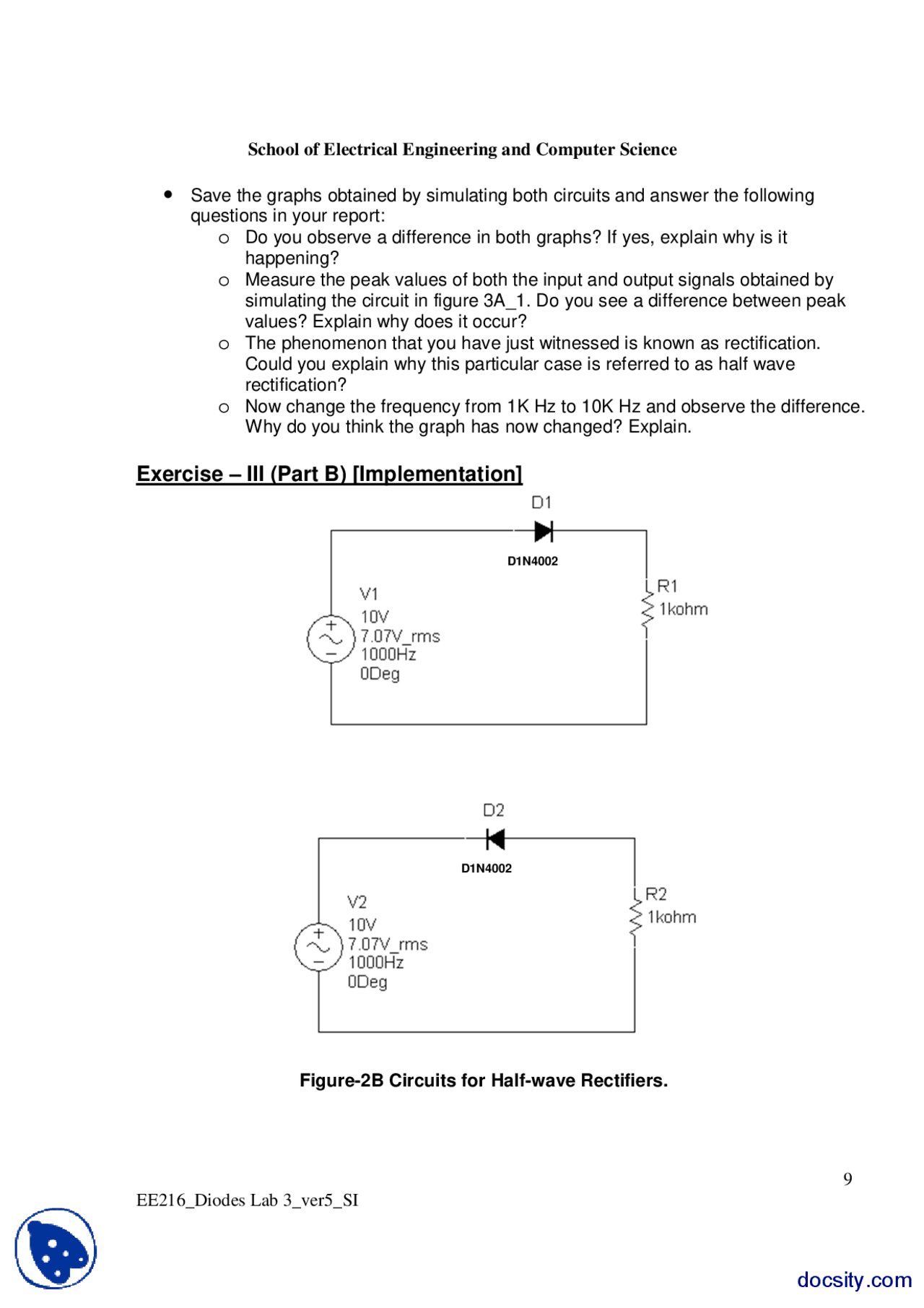 Half Wave Rectifiers Basic Electronics Lab Assignment Docsity