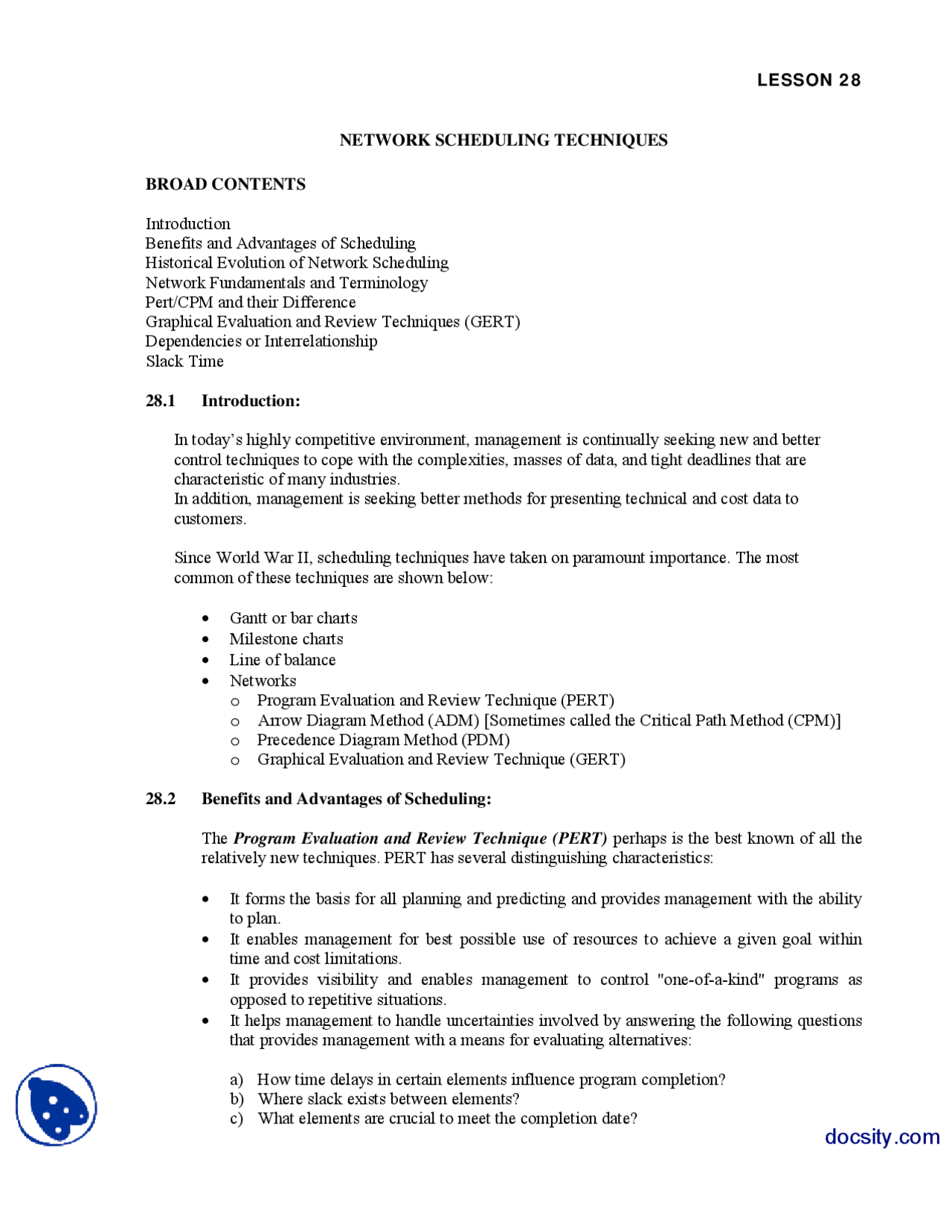 Network Scheduling Techniques Project Managment Handouts Lecture