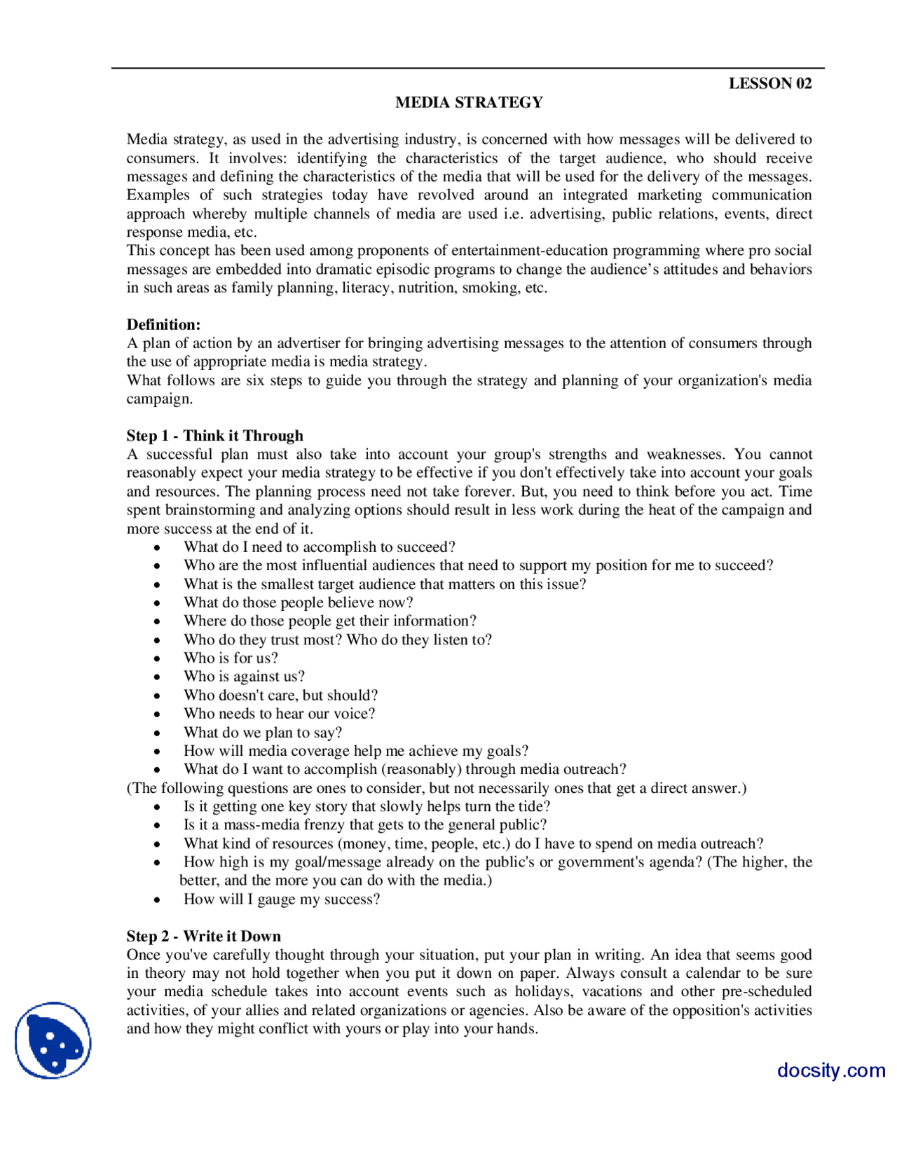Media Strategy Media Managment Handouts Lecture Notes Media