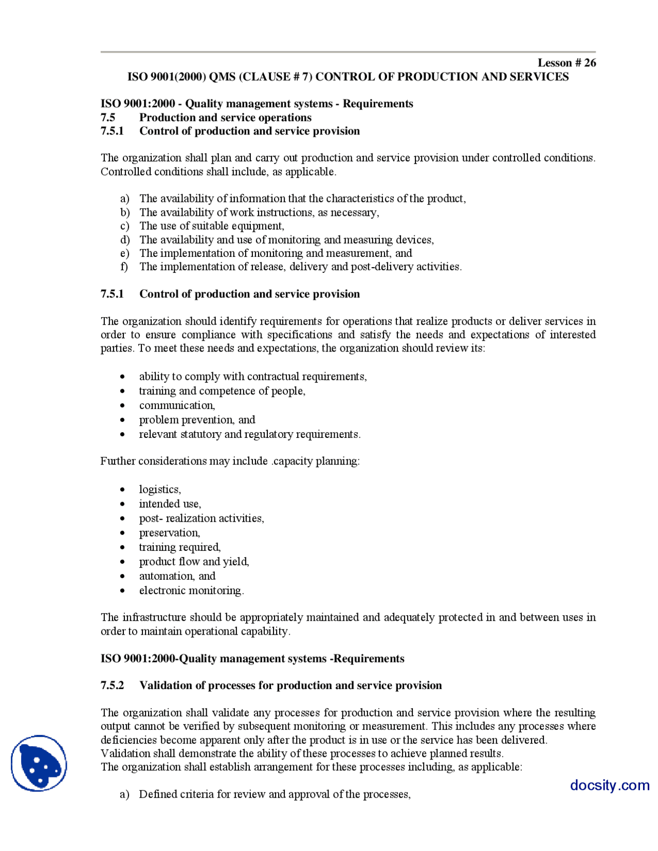 Control Of Production And Services Total Quality Managment Handouts