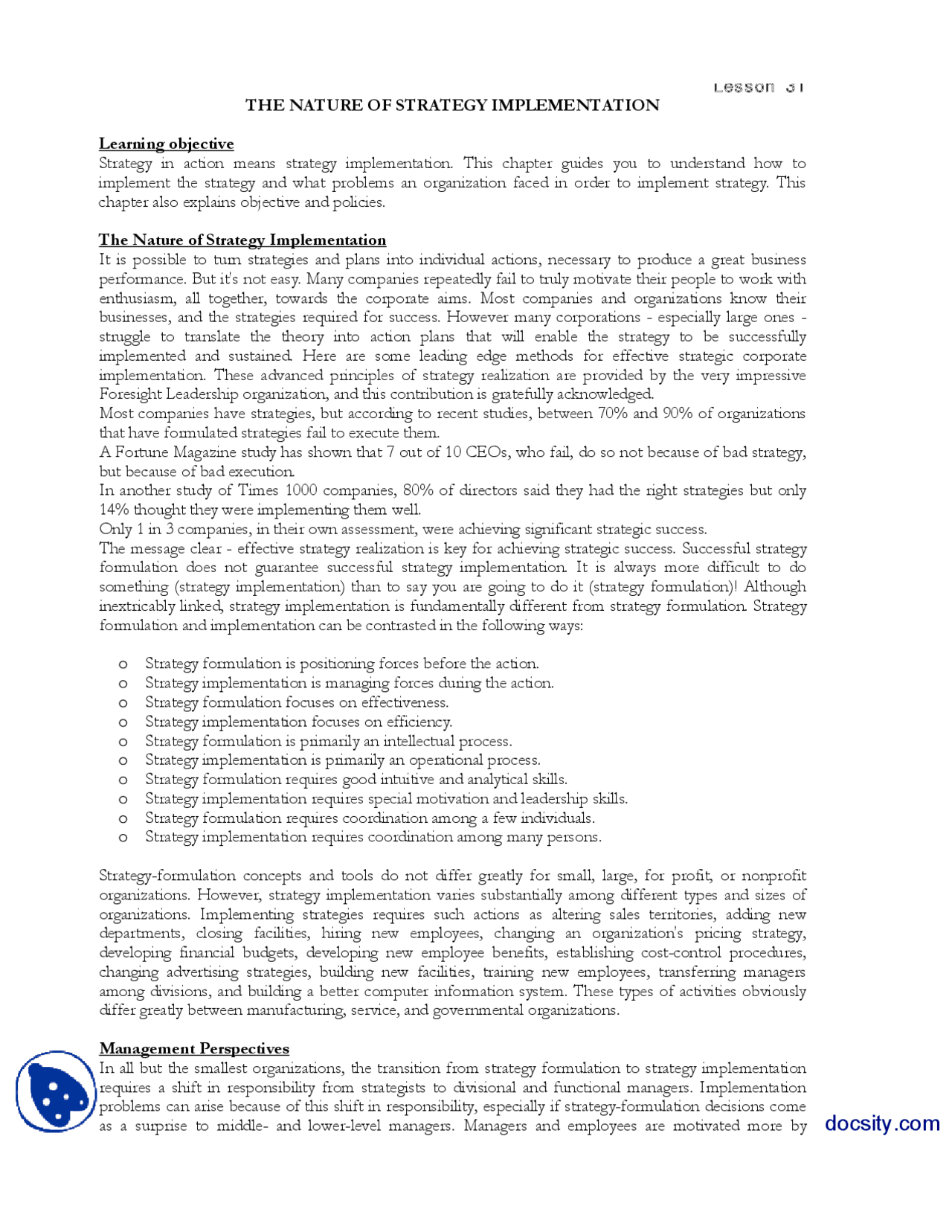 The Nature of Strategy Implementation-Strategic Management-Lecture ...