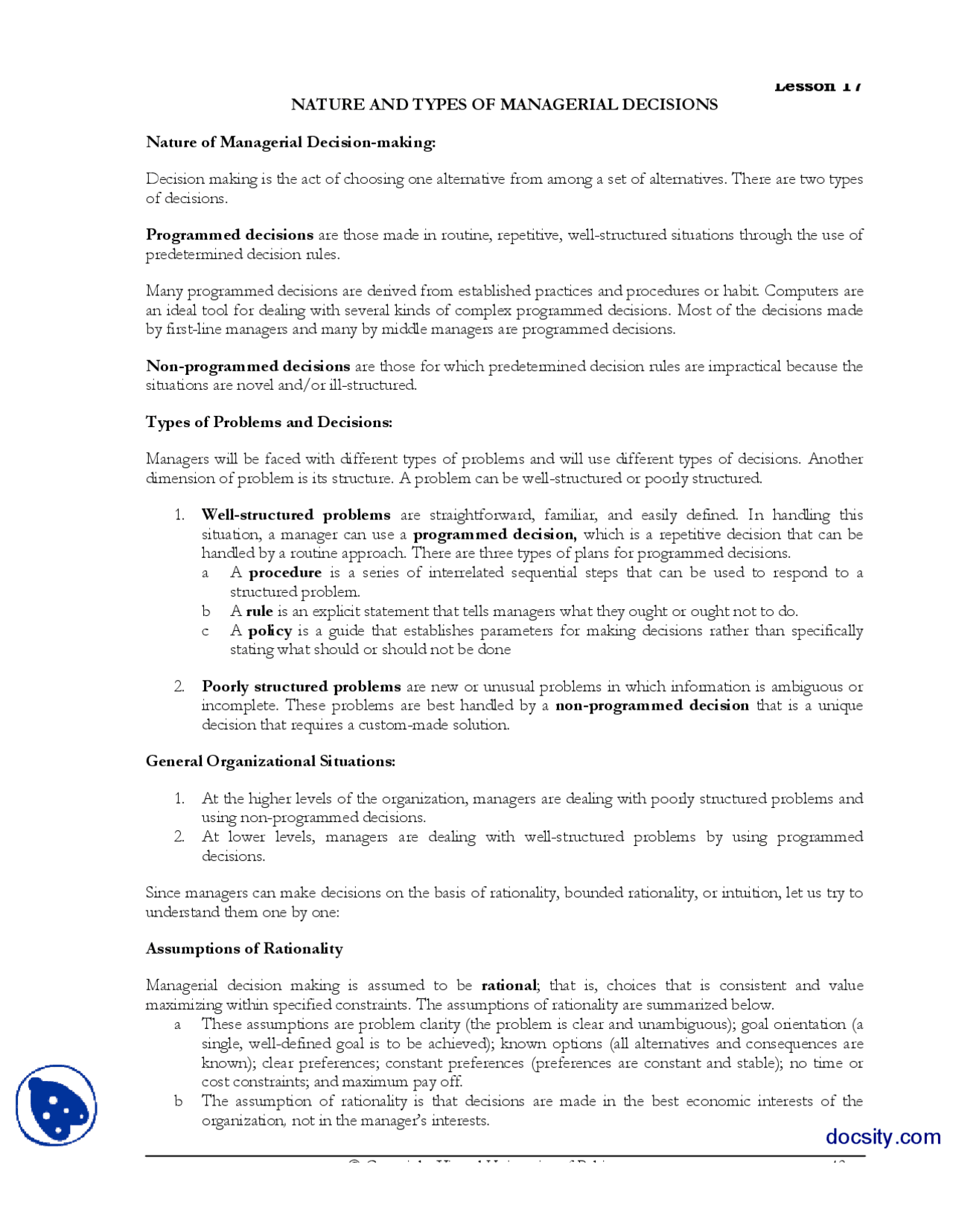 Rational Decision Making Principle Of Managment Handouts Docsity