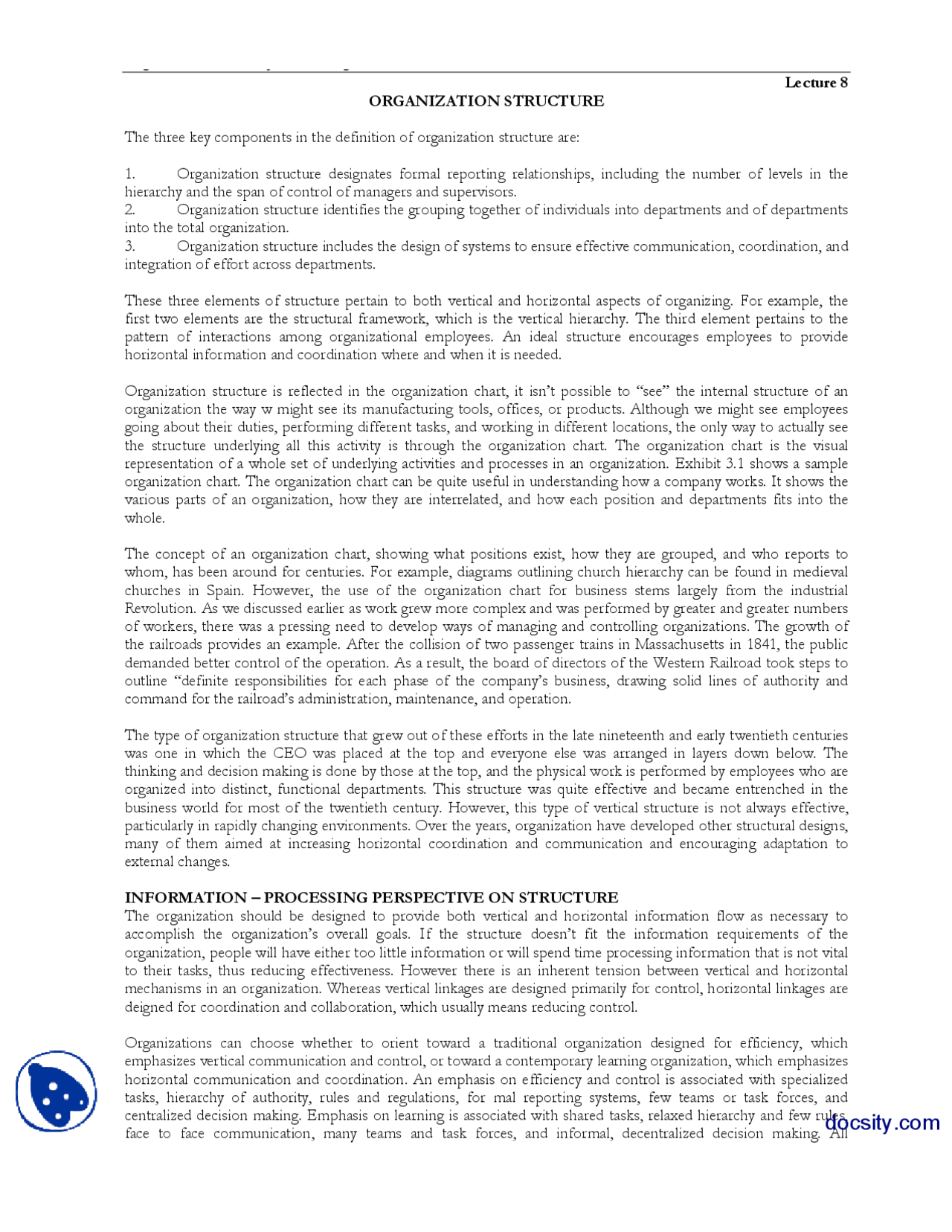 Organization Structure Organization Theory And Design Handouts Docsity