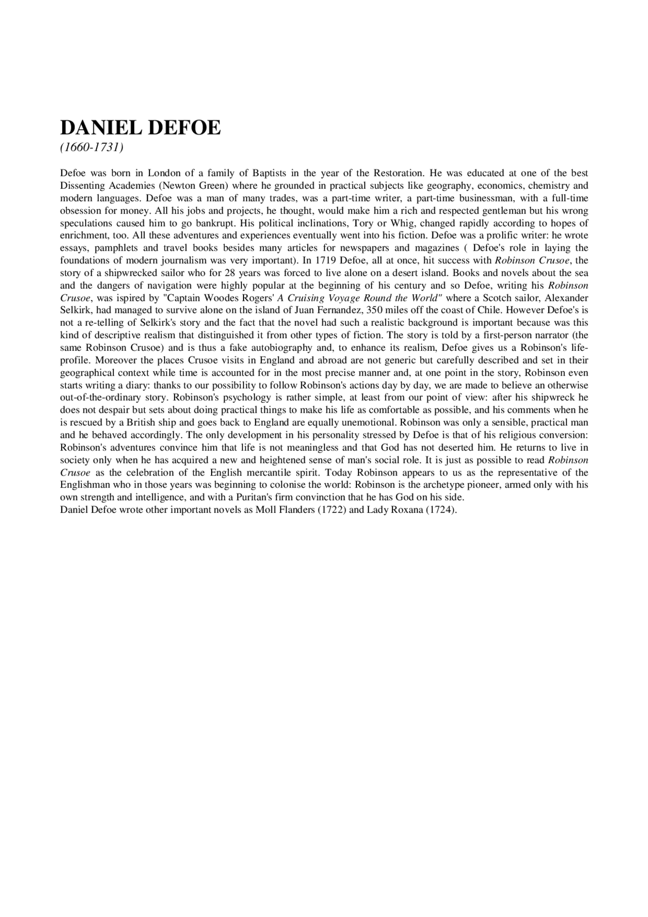 Appunti di Letteratura-Inglese - biografia di DANIEL DEFOE (1660-1731) - in inglese - Docsity