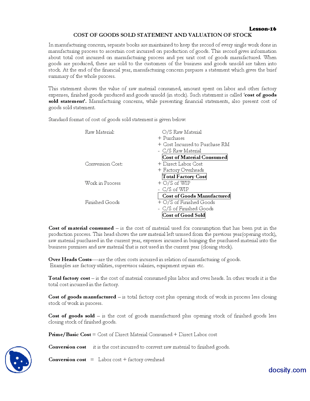 Cost Of Good Sold Statment Financial Accounting Lecture Handout Docsity