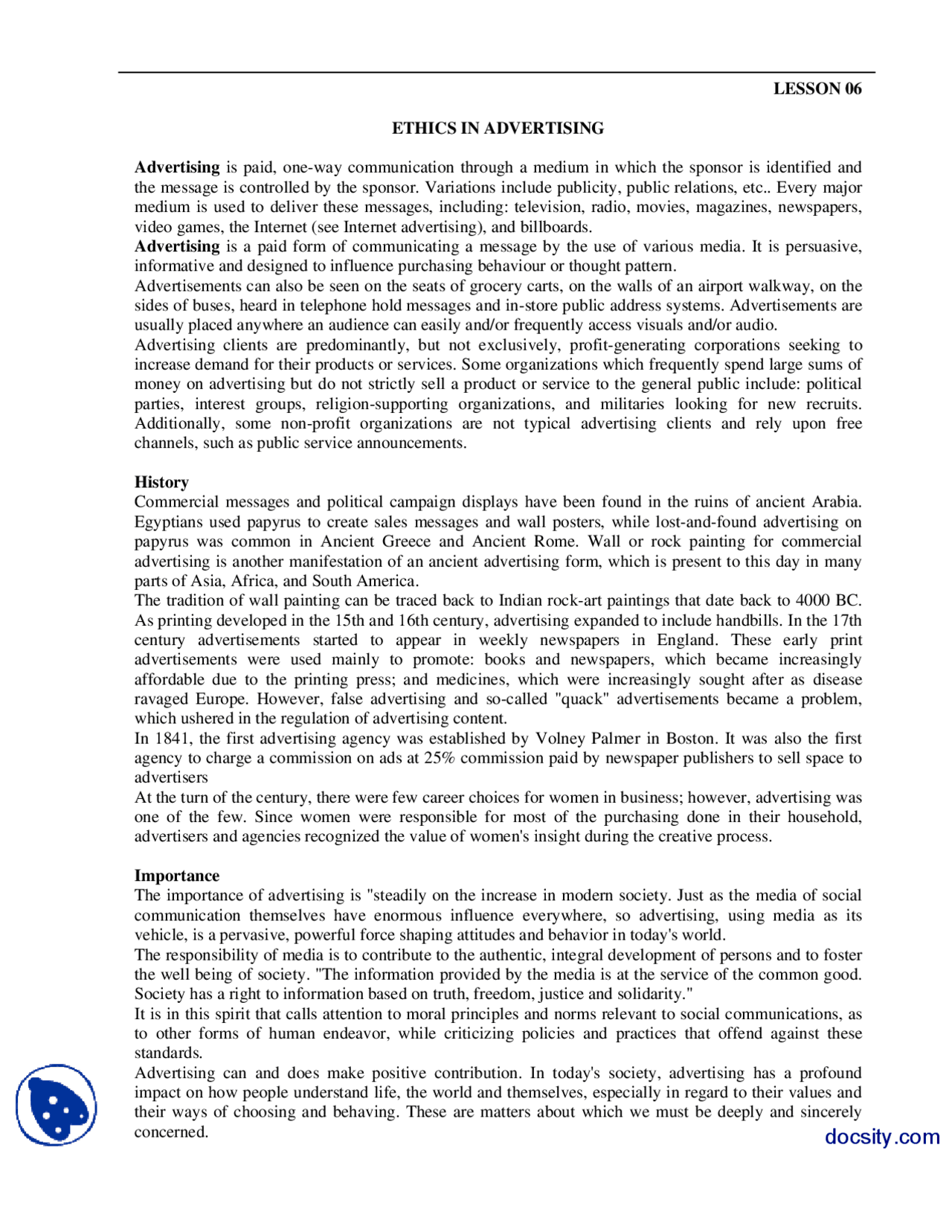 Ethics In Advertising-Media Laws and Ethics-Handouts - Docsity