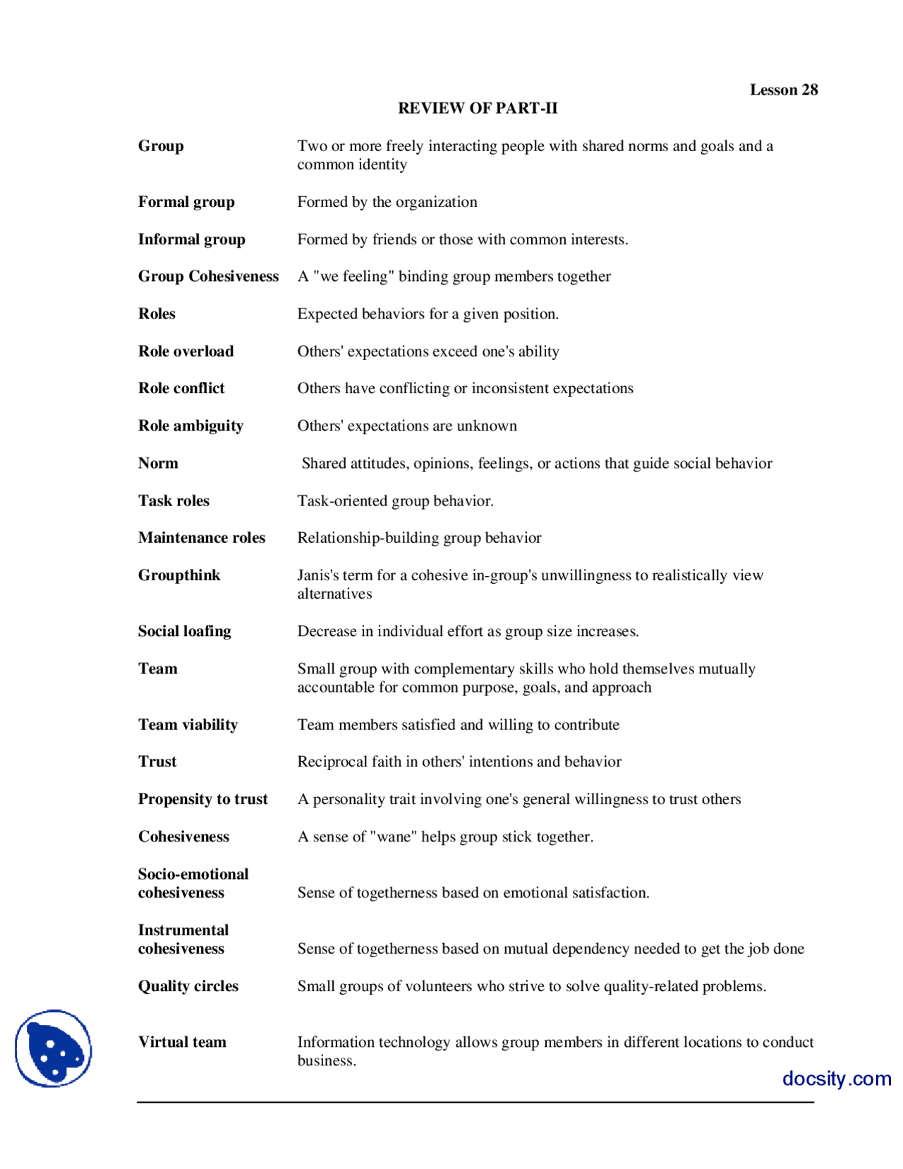 Review Of Part 2 Organizational Behaviour Lecture Handout Docsity