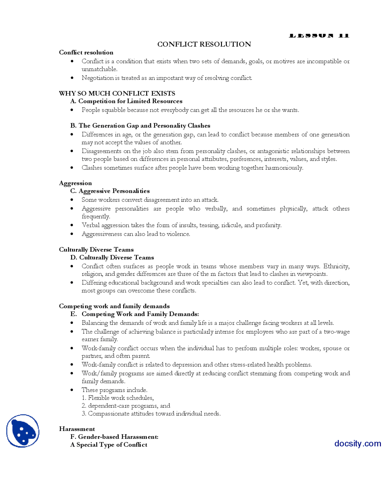 Conflict Resolution Human Relation Lecture Handout Docsity
