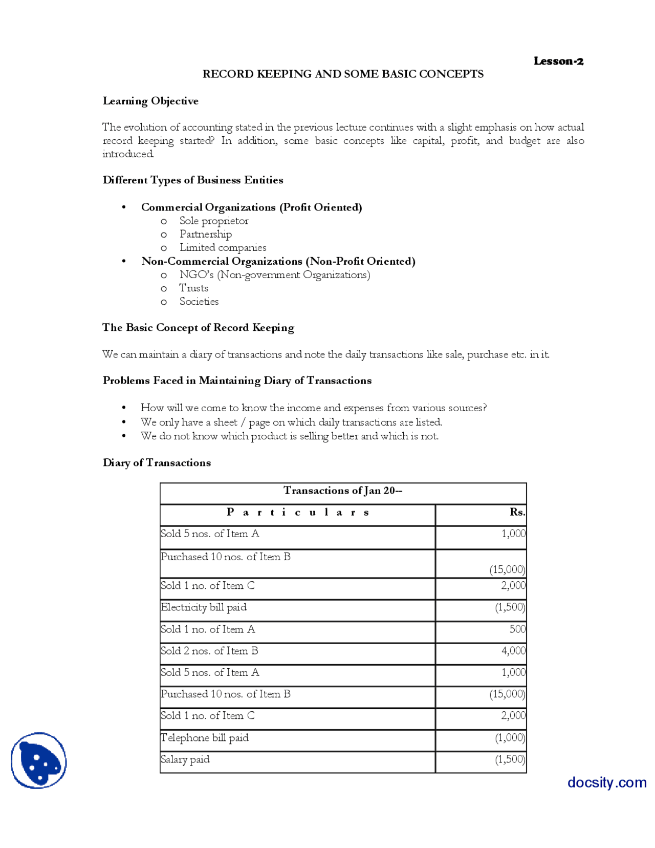 Record Keeping Financial Accounting Lecture Handout Docsity