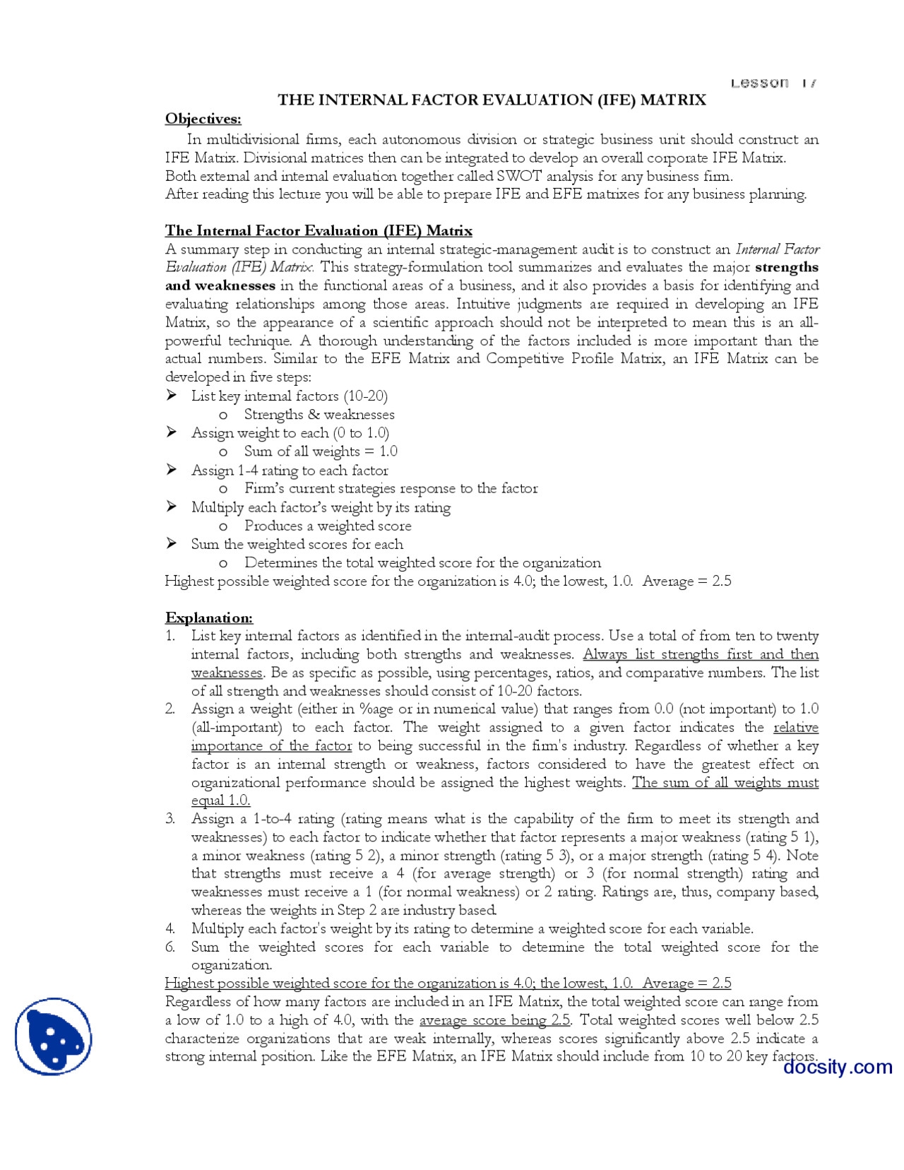 IFE Matrix-Strategic Management-Lecture Handout - Docsity