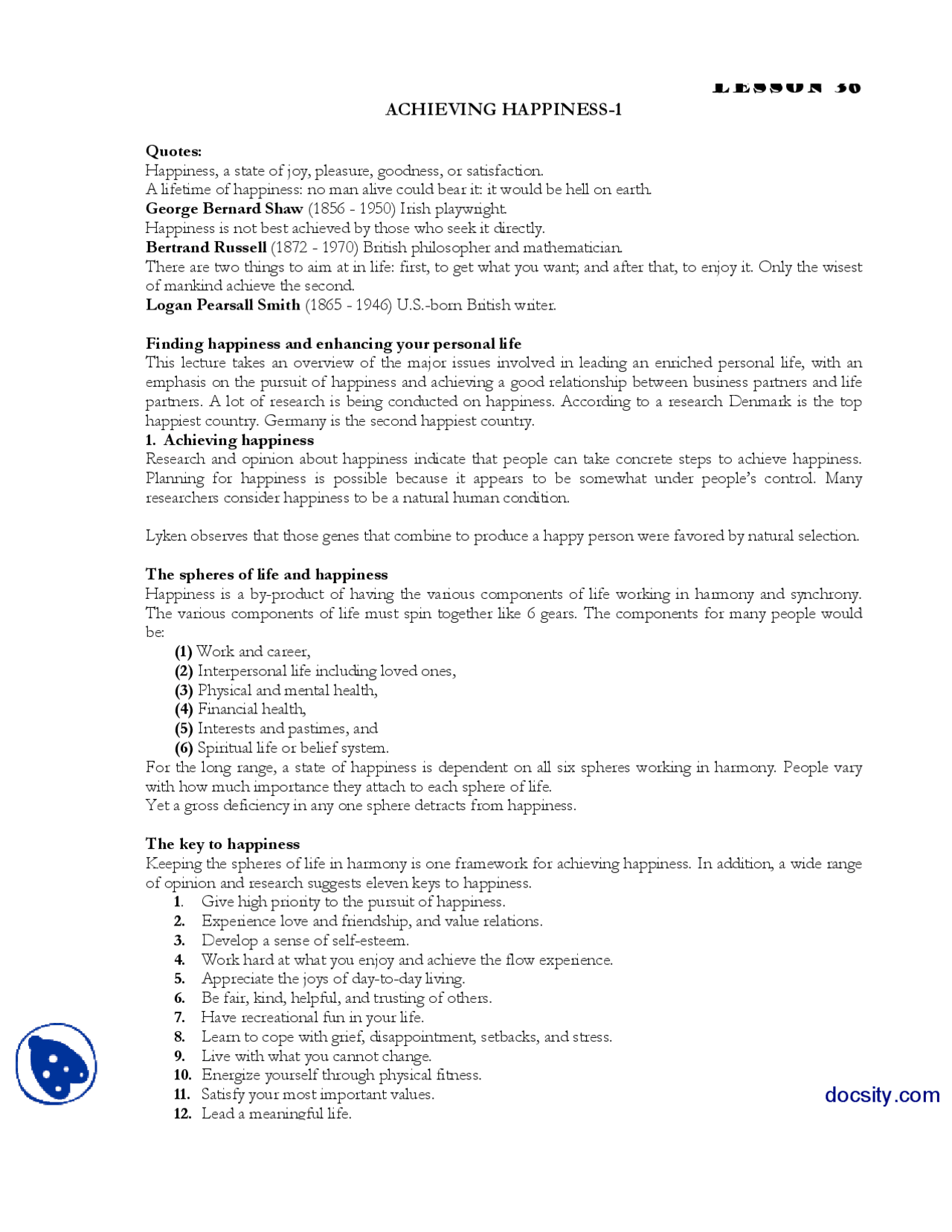 Achieving Happiness Part 1 Human Relation Lecture Handout Docsity
