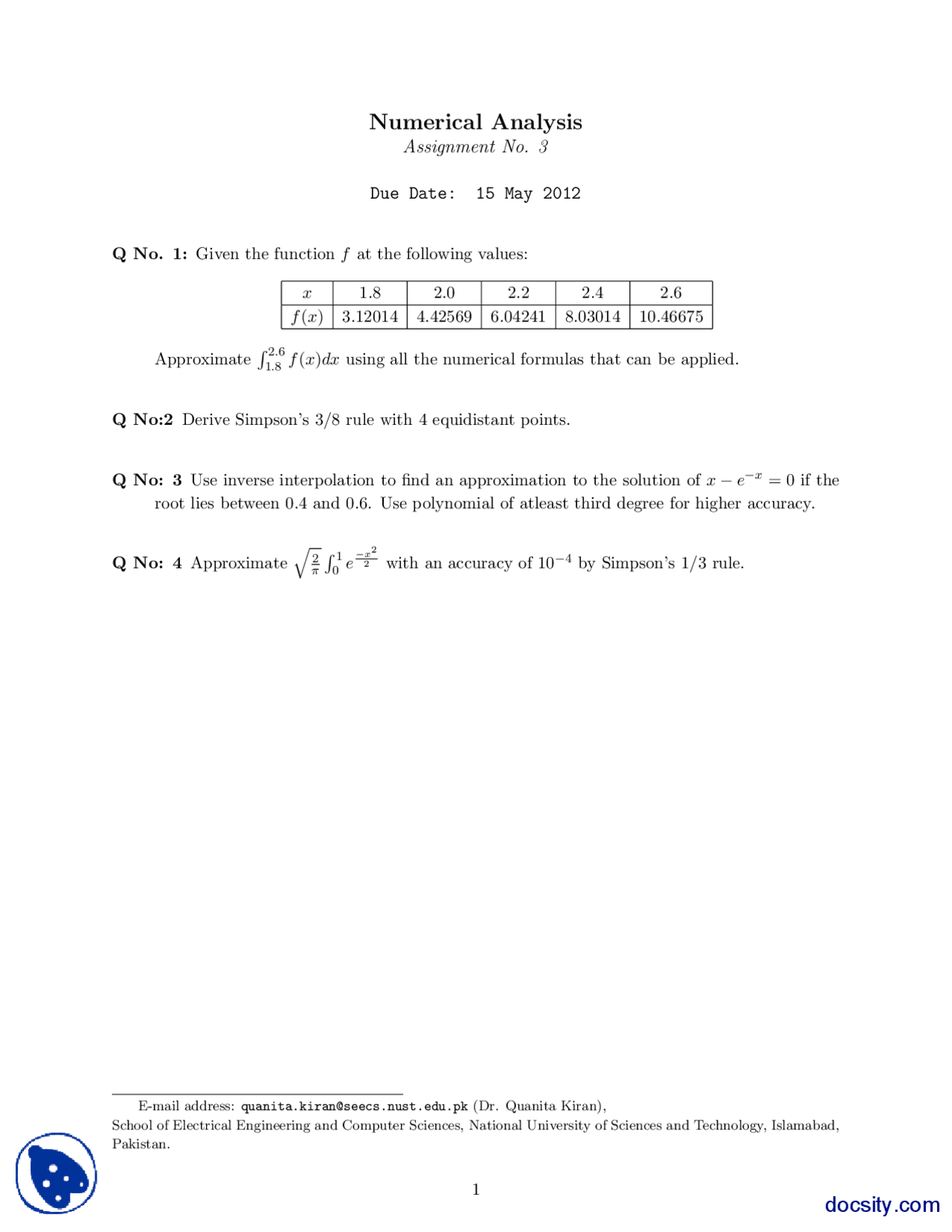Inverse Interpolation, Simpson's Rule-Methods of Numerical Analysis-Assignment - Docsity