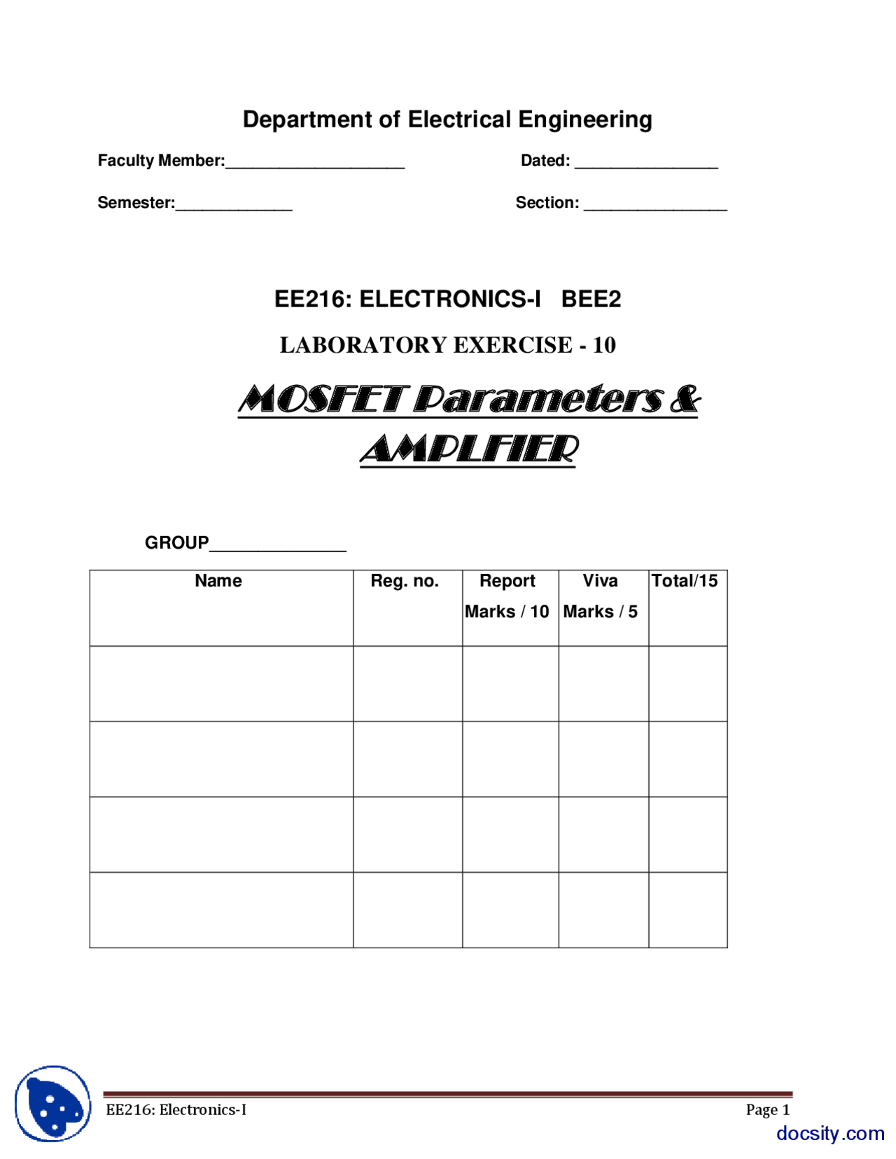 Mosfet Parameters And Mos Amplifier Basic Electronics Lab Assignment