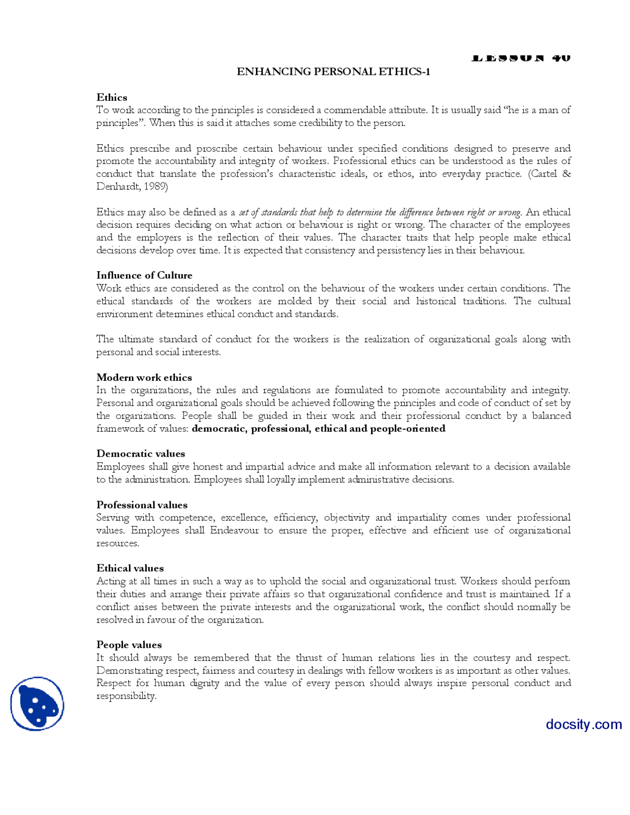 Ethics Part 1 Human Relation Lecture Handout Docsity