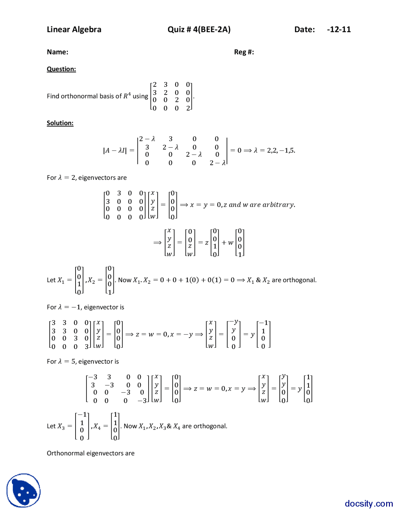 Orthonormal Basis, Eigen Vectors, Matrix-Linear Algebra-Problem Solution - Docsity