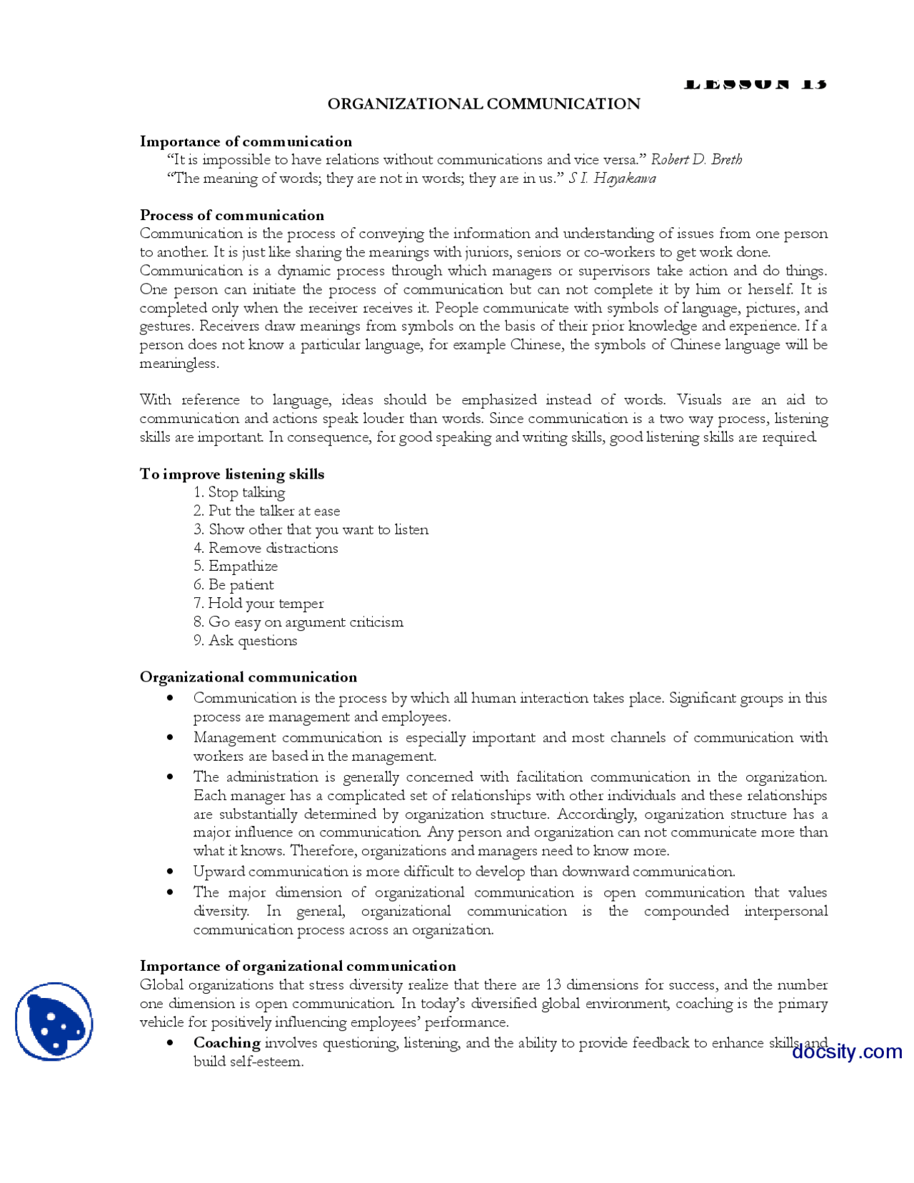 Importance Of Communication Human Relation Lecture Handout Docsity