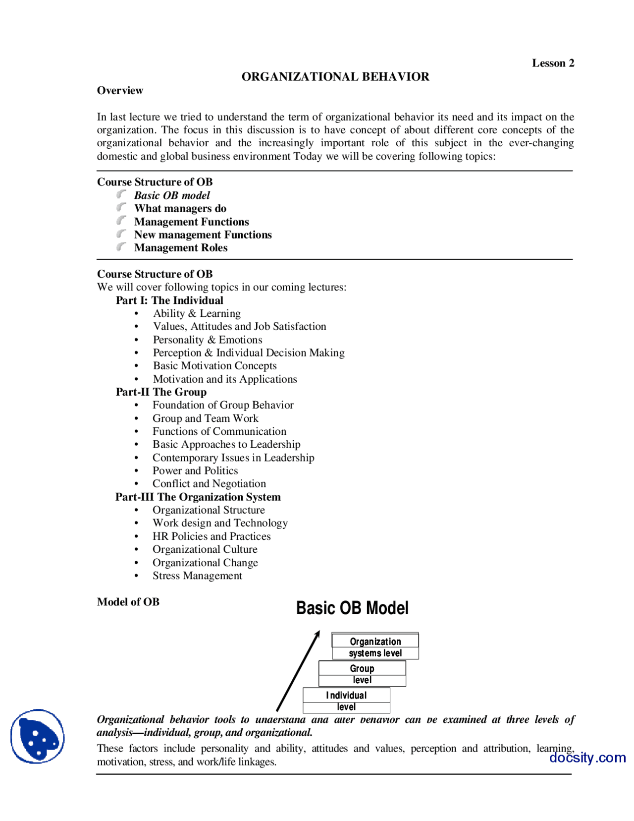 Overview Part 1 Organizational Behaviour Lecture Handout Exercises