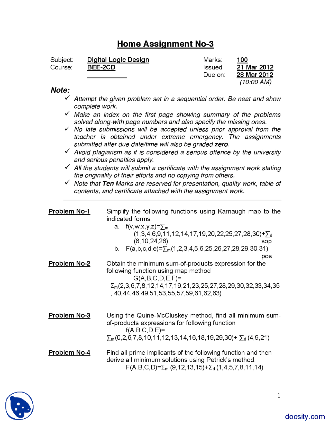 Karnaugh Maps, Sum of Products-Digital Logic Design-Assignment - Docsity