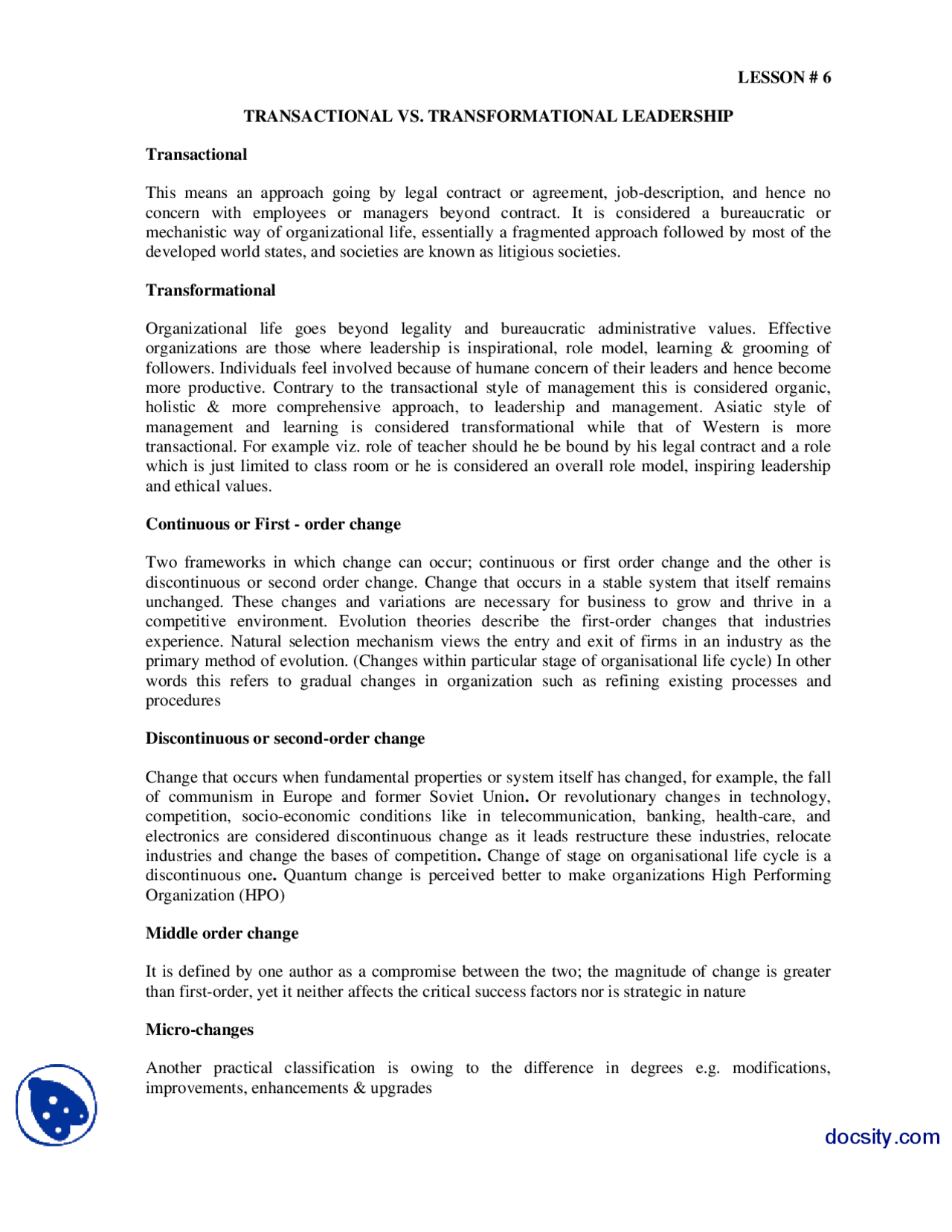 Transactional-Change of Management-Lecture Handout - Docsity